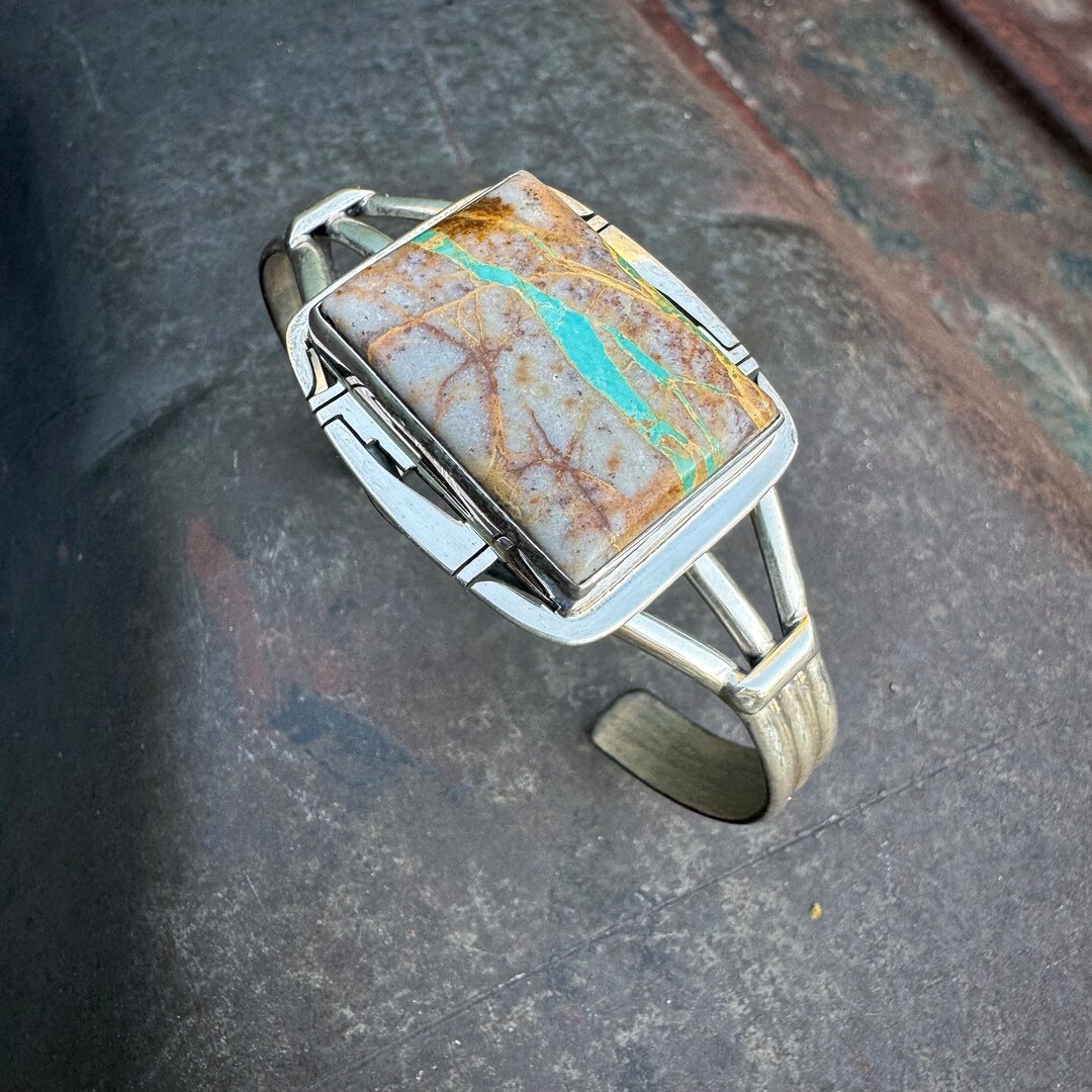 San Felipe Phillip Sanchez Ribbon Boulder Turquoise Stone Cuff Bracelet ...