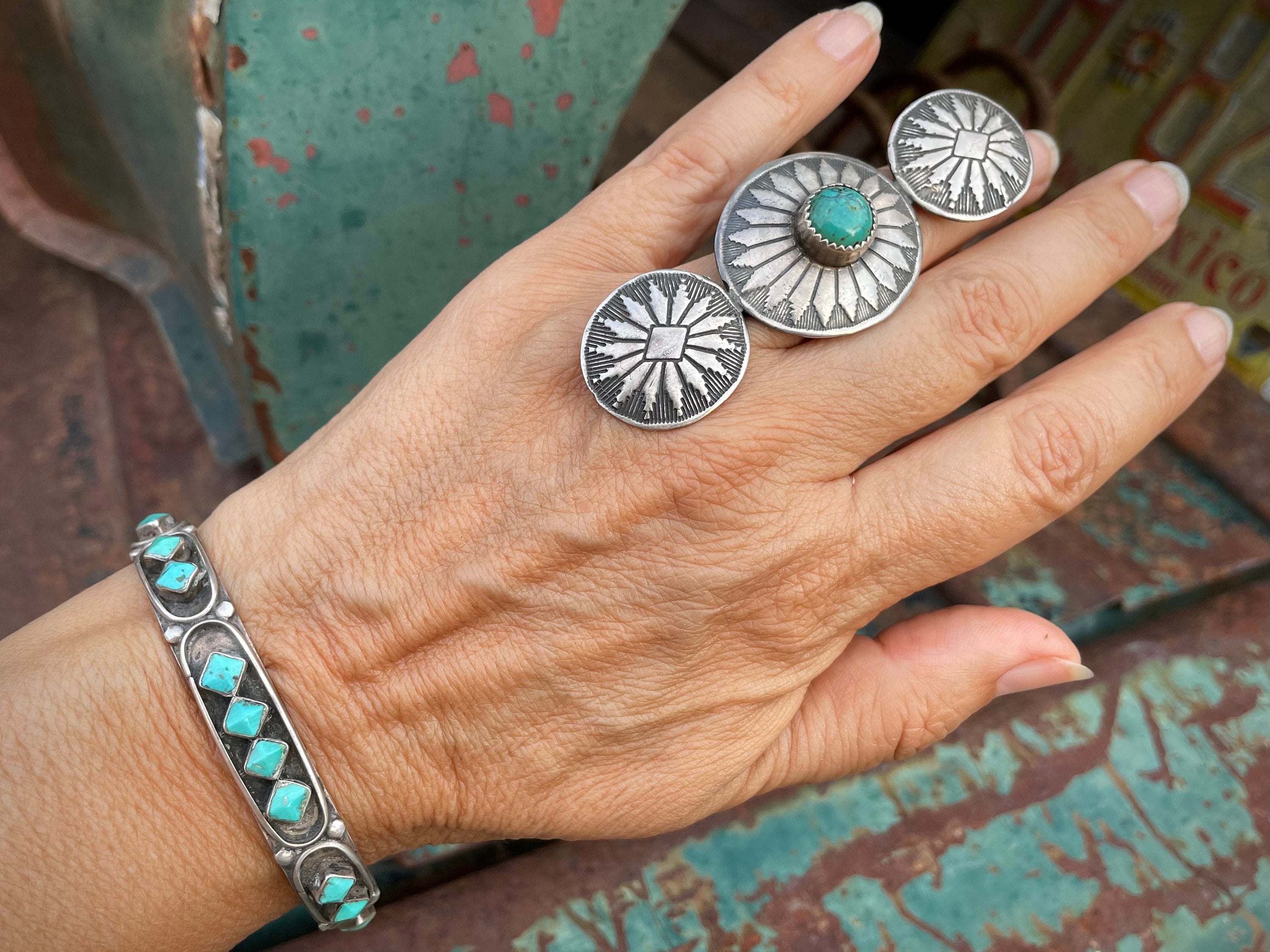 3-1/4 Long Sterling Silver Concho Ring with Turquoise Stone, Huge ...