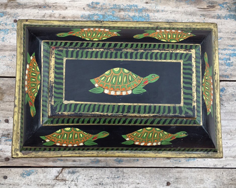 Vintage 11 Painted Wood Chest with Turtles Storage Box, Bohemian Decor ...