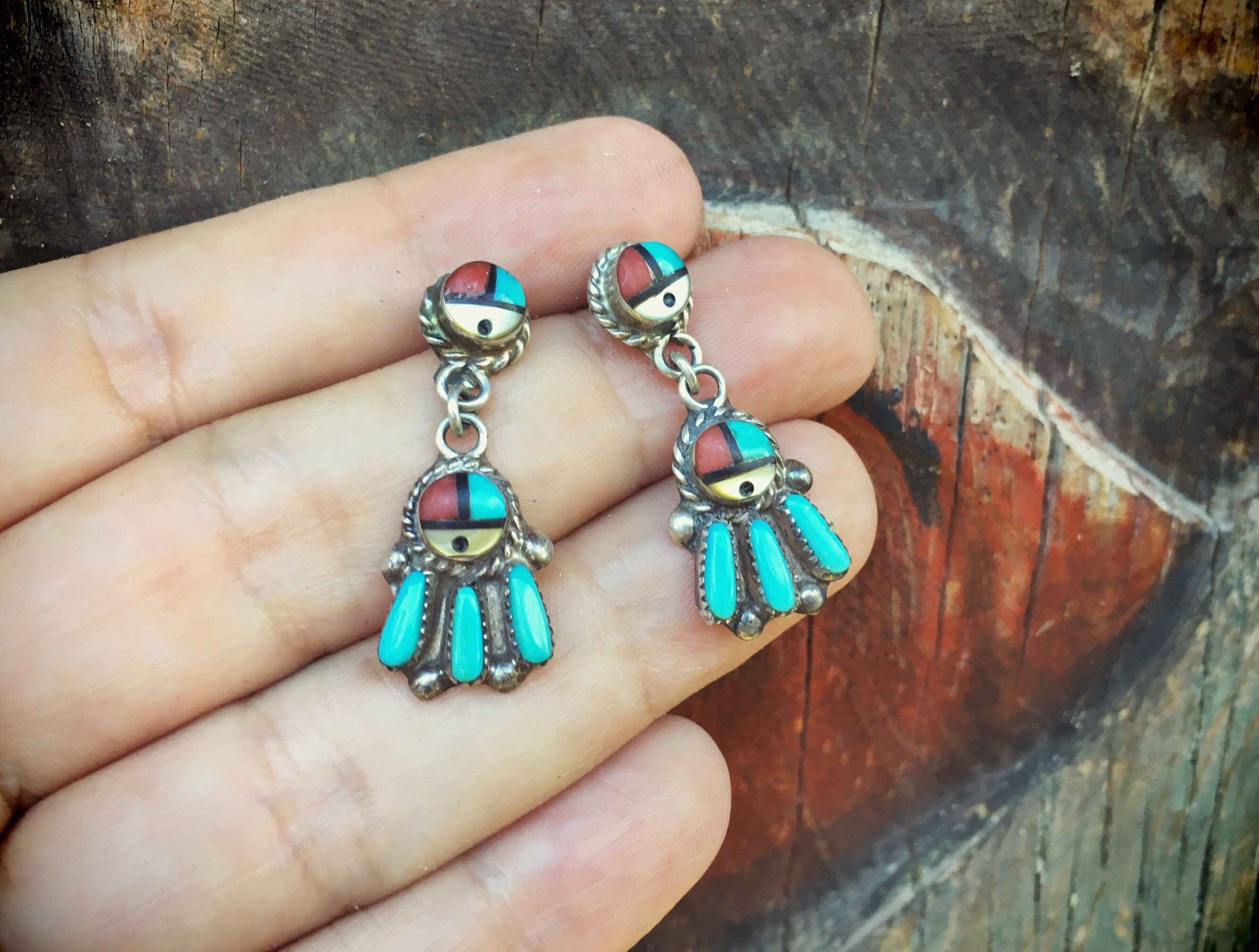 Signed Zuni Sun Face Earrings for Women Vintage Turquoise Coral Yellow ...