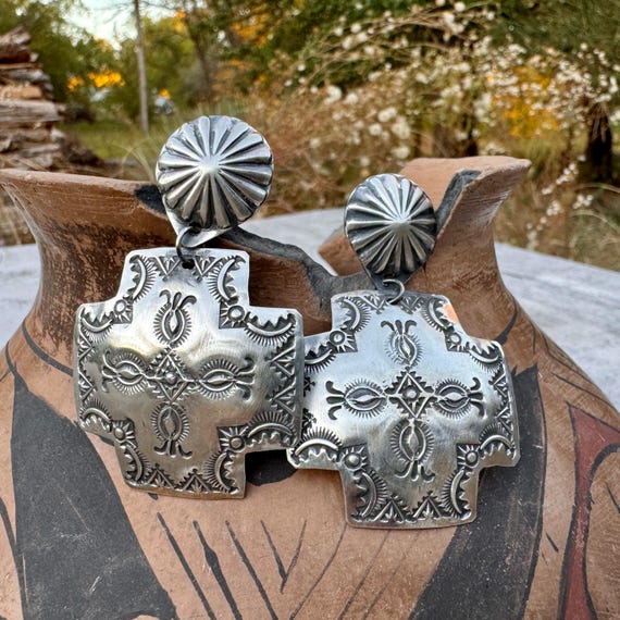 Large Sterling Silver Concho Cross Earrings by Navajo… - Gem
