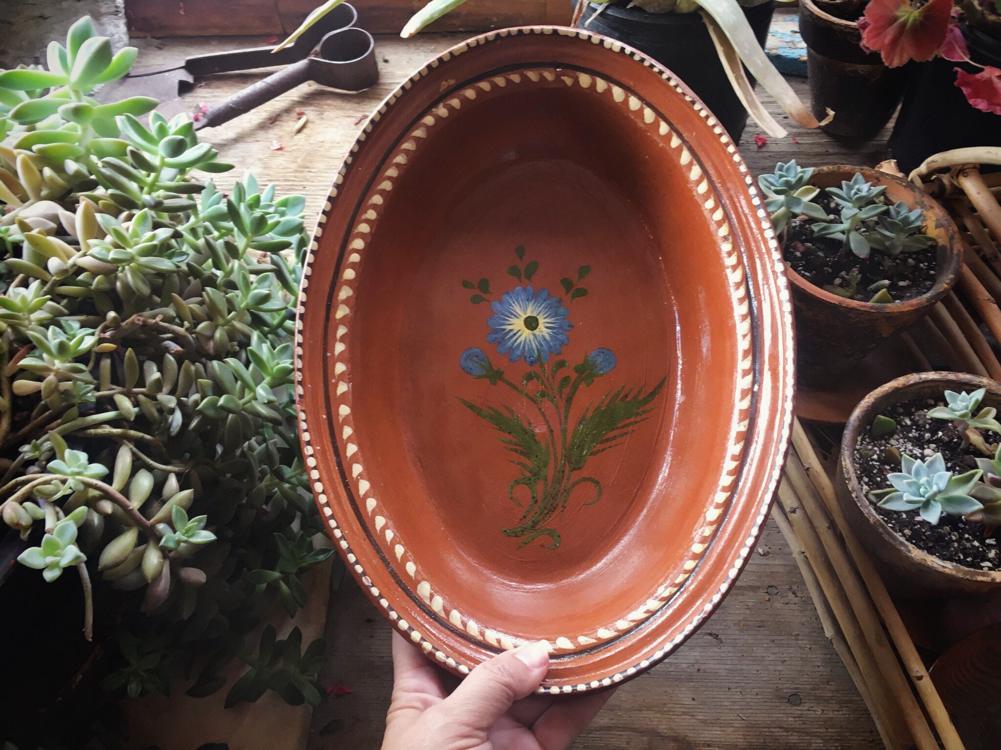 Mexican Pottery Oval Dish Blue Flower Decor Capula Michoacan Redware ...