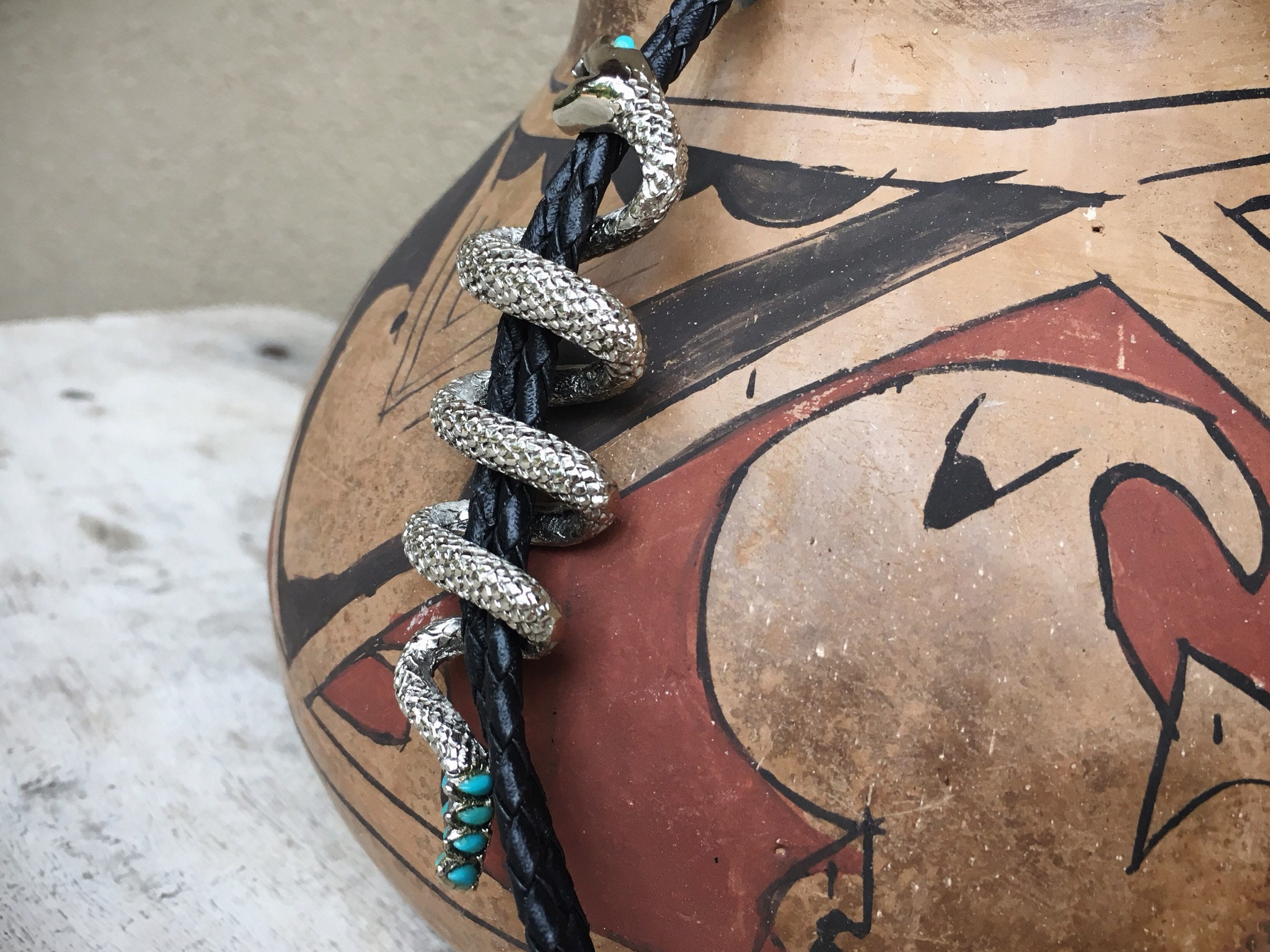 1960s to 1970s Silver Tone Faux Turquoise Snake Bolo Tie for Men or ...