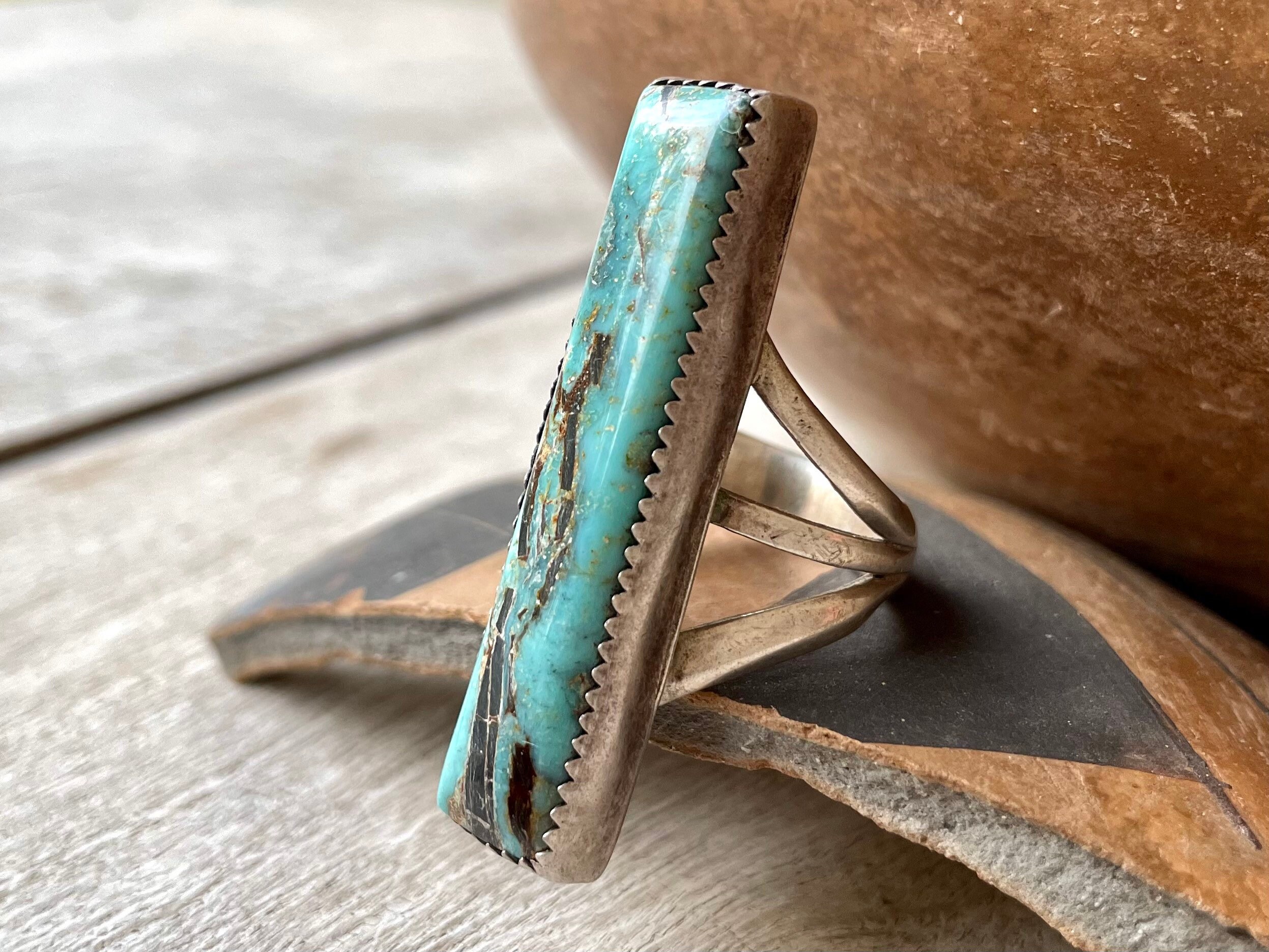 Vintage Stormy Mountain Turquoise Ring Size 6.25 Long Rectangle Shape ...