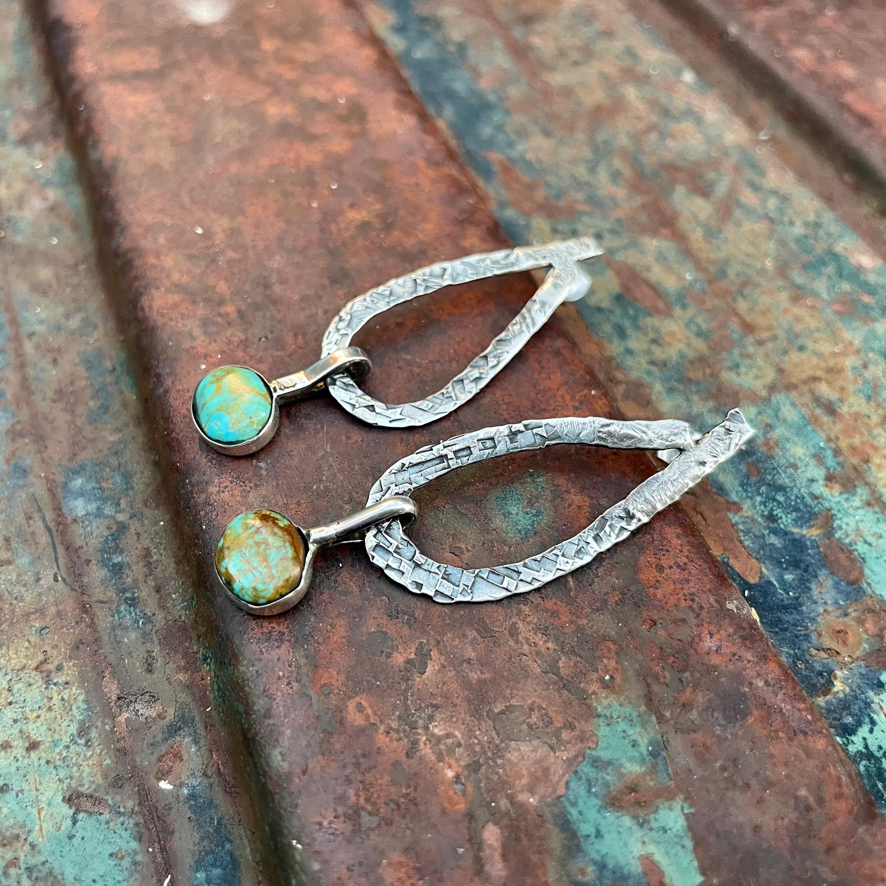 Hammered Sterling Silver Teardrop Post with Green Turquoise Drop, Light ...