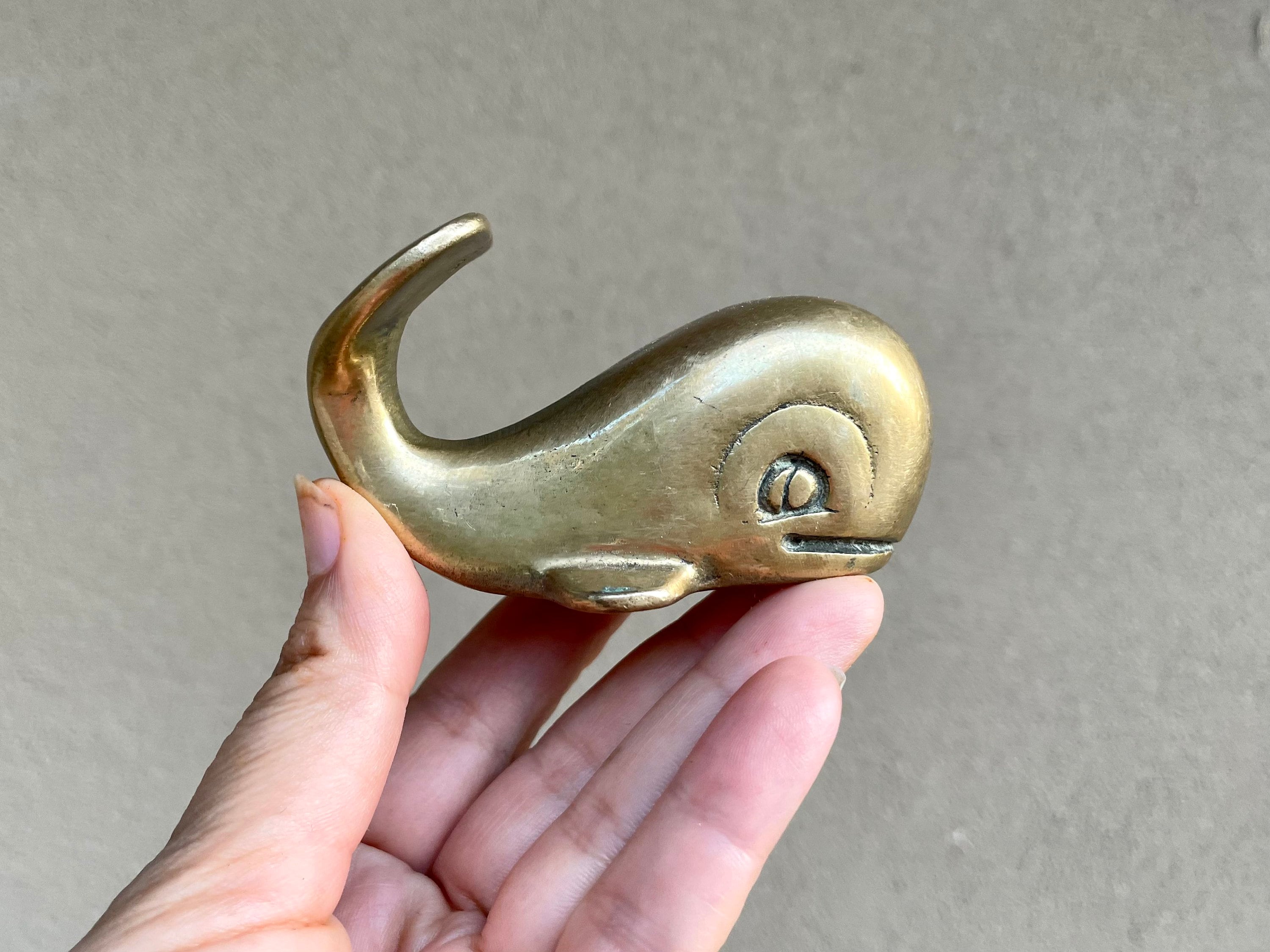 Small Vintage Brass Whale Figurine, MCM Mid Mod Retro Decor Office or ...