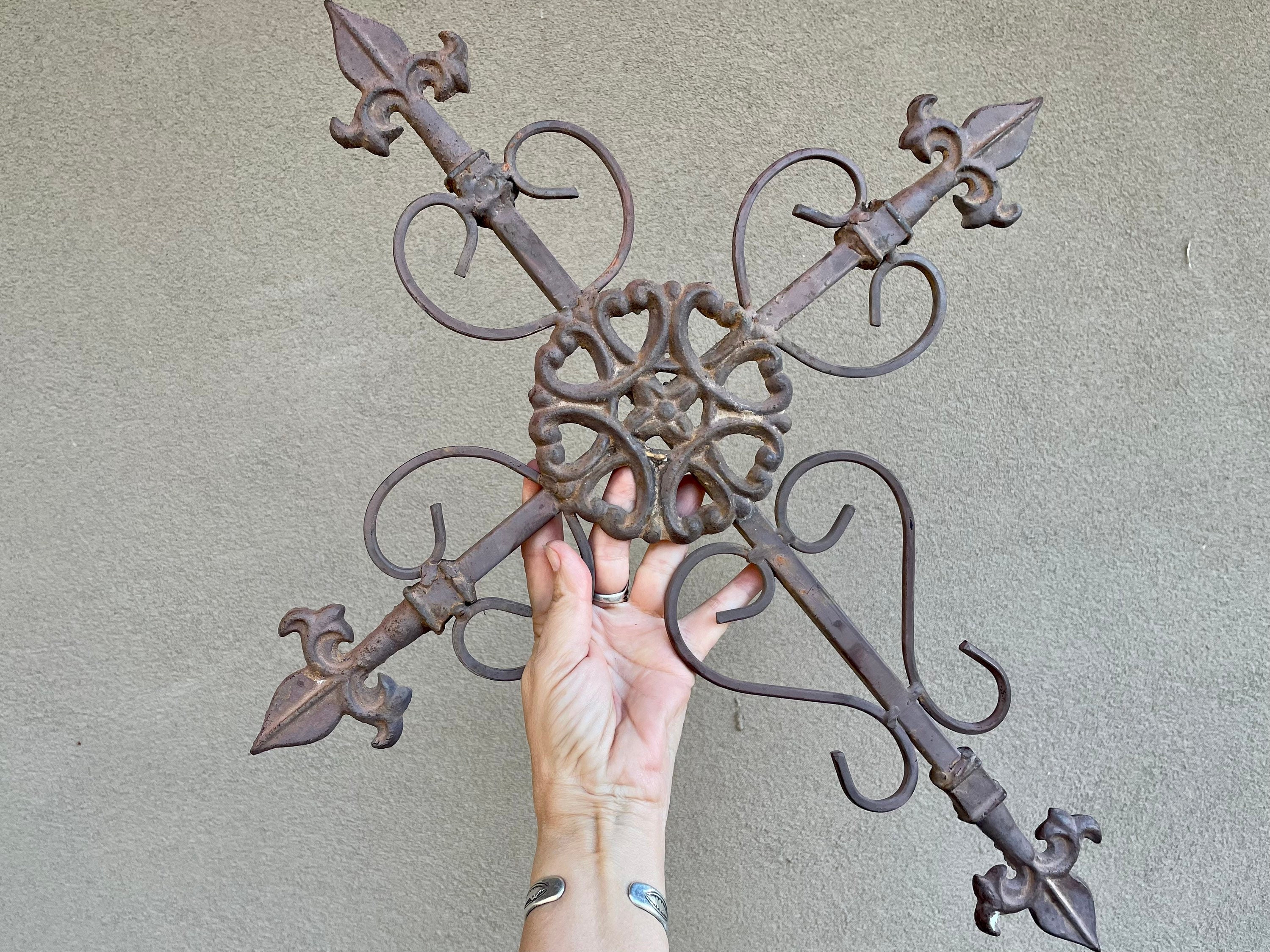 Vintage Large Rustic Metal Cross Wall Hanging Fleur de Lis, French ...
