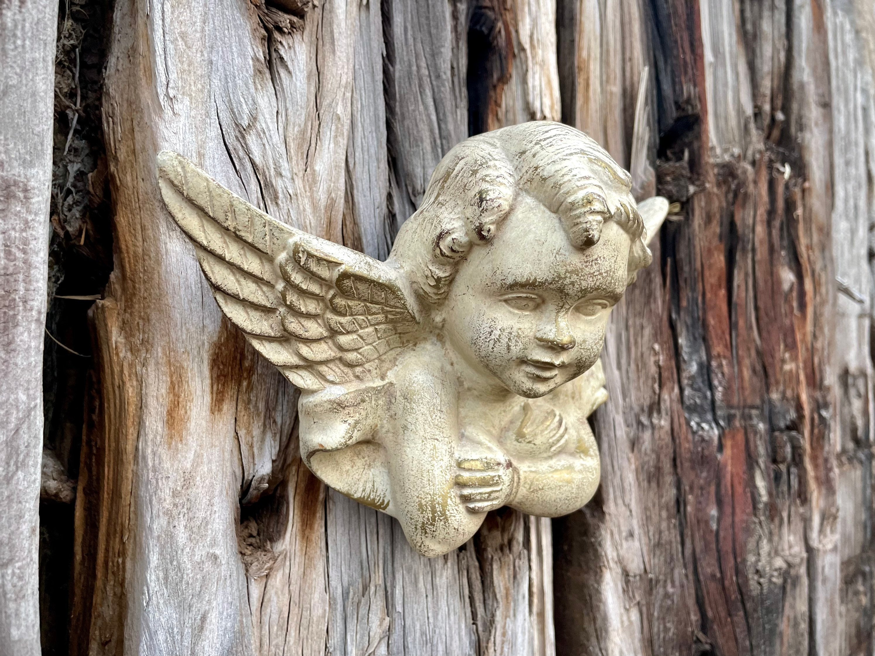Vintage Resin Angel Wall Hanging Distressed Gold Paint, Faux Wood Look ...
