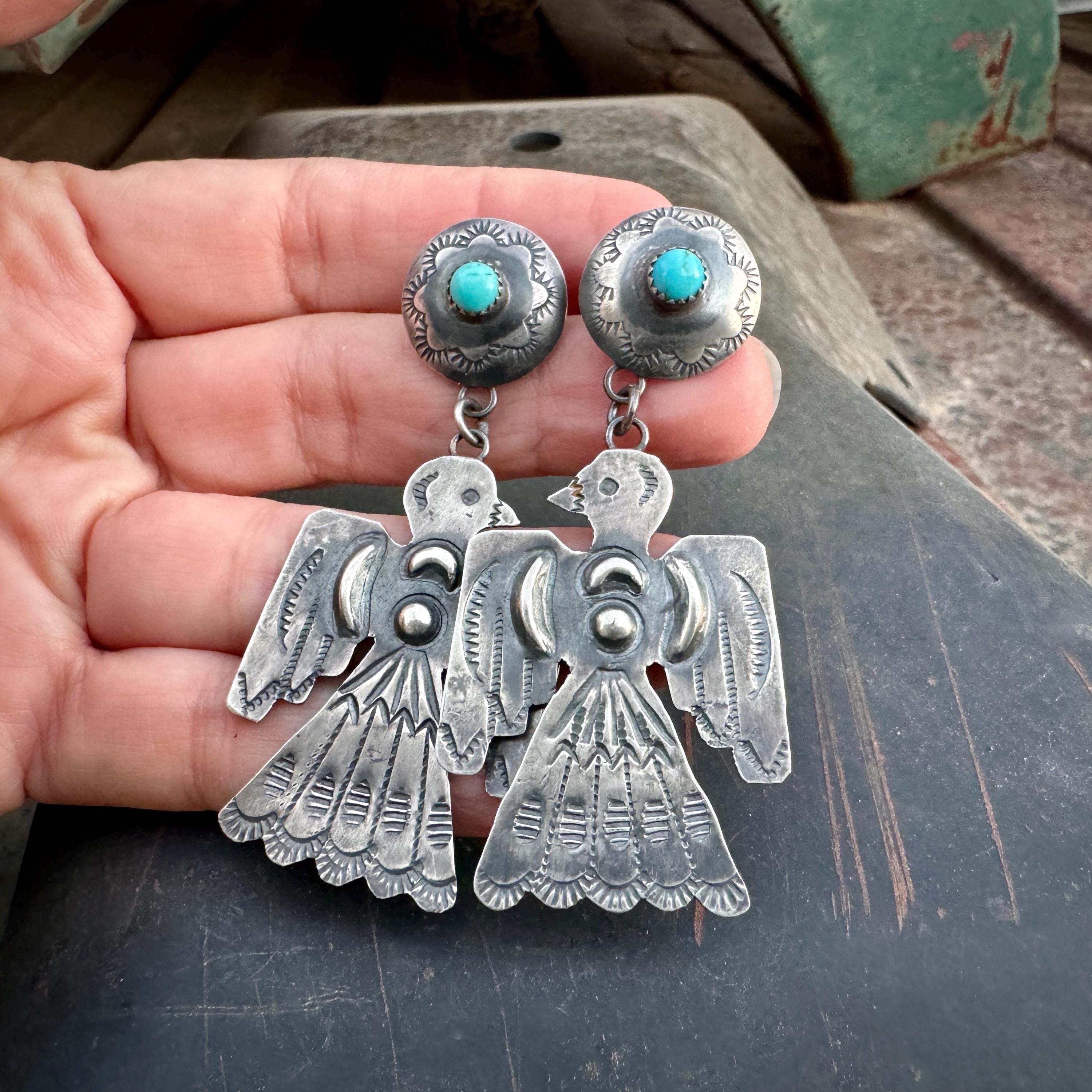 Navajo Tim Yazzie Stamped Sterling Silver Turquoise Thunderbird Post ...