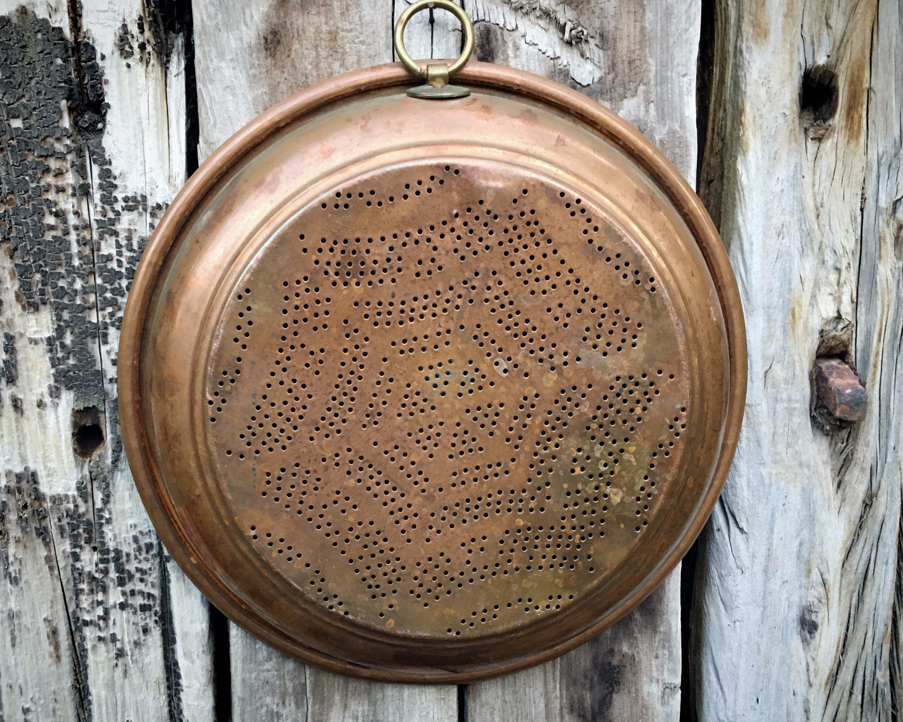Heavy Vintage Copper Sieve Colander Wall Hanging, Rustic Kitchen Decor ...