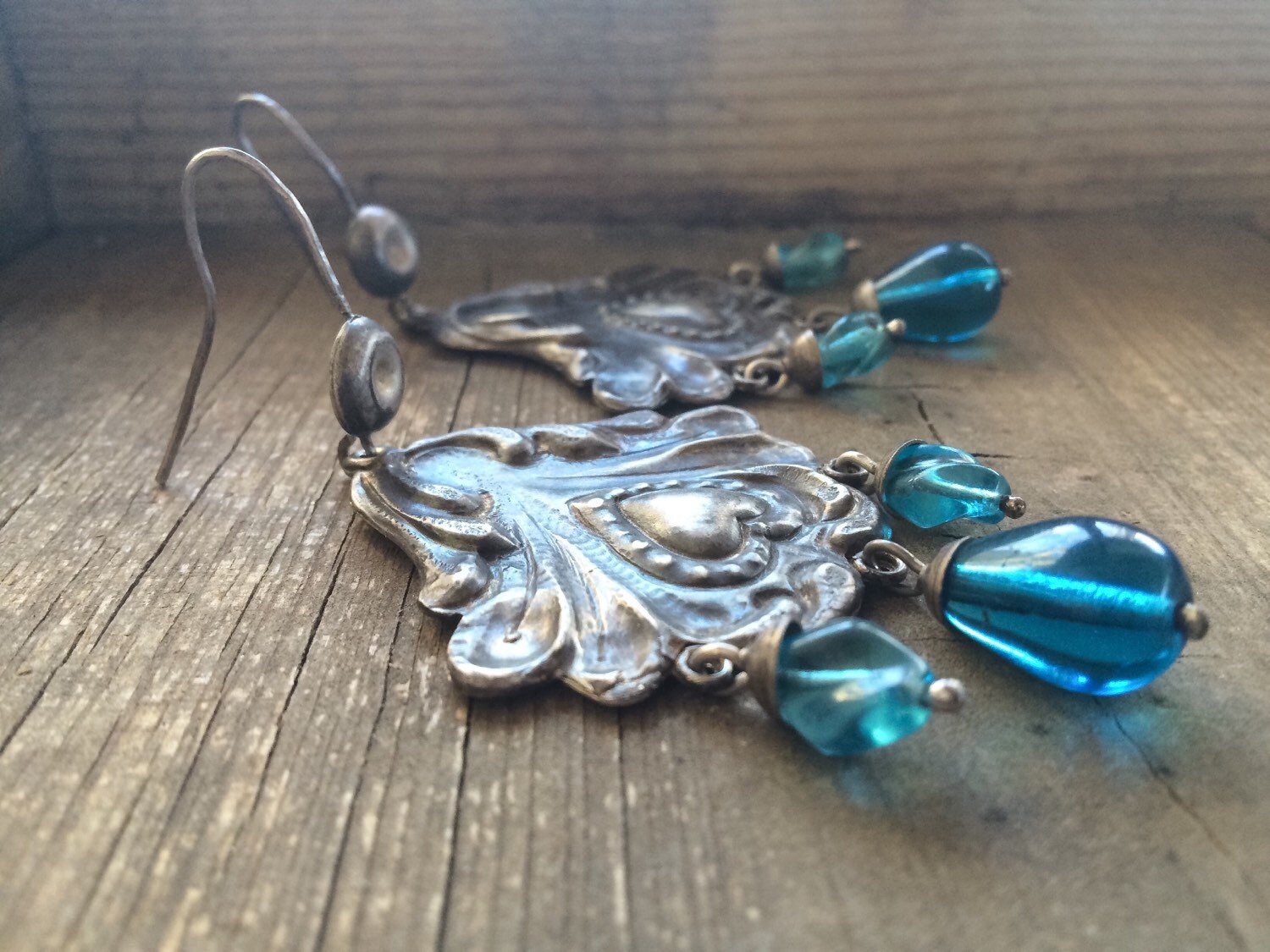 Large vintage Ecuador coin silver earrings with blue glass beads ...