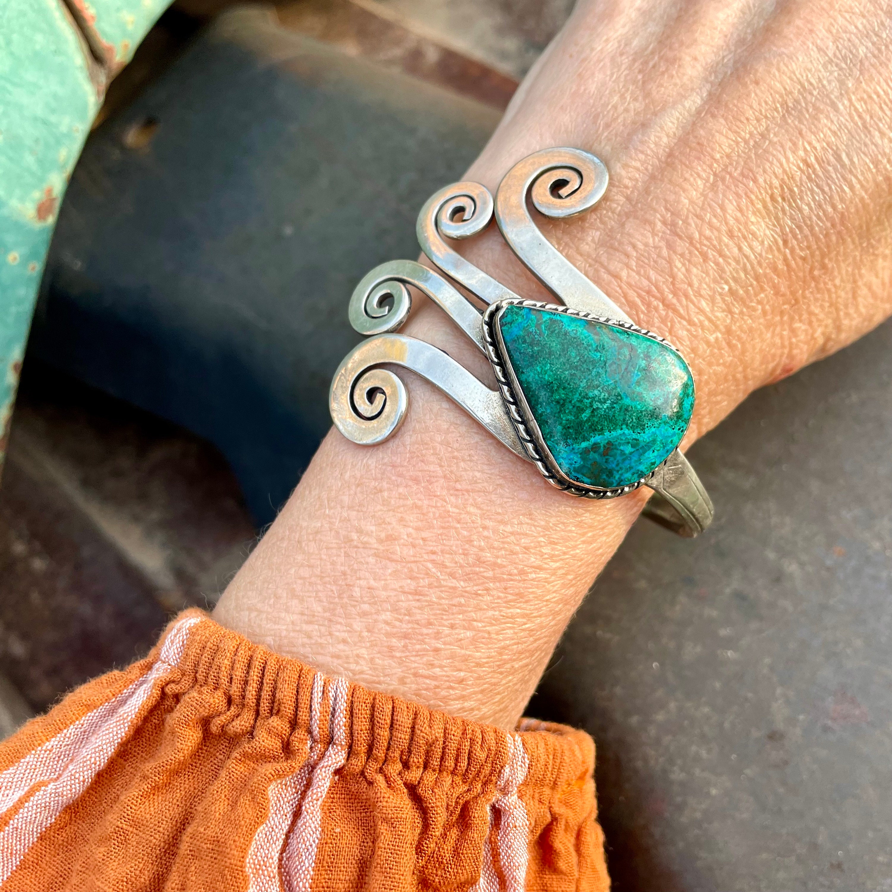 Vintage Upcycled Silverplate Fork Bangle Bracelet w/ Chrysocolla, Funky ...