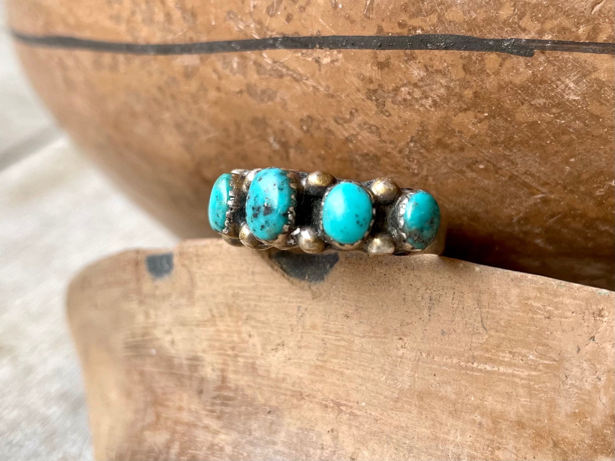 Five-Stone Turquoise Sterling Silver Band Ring Size 8, Signed WR Navajo ...