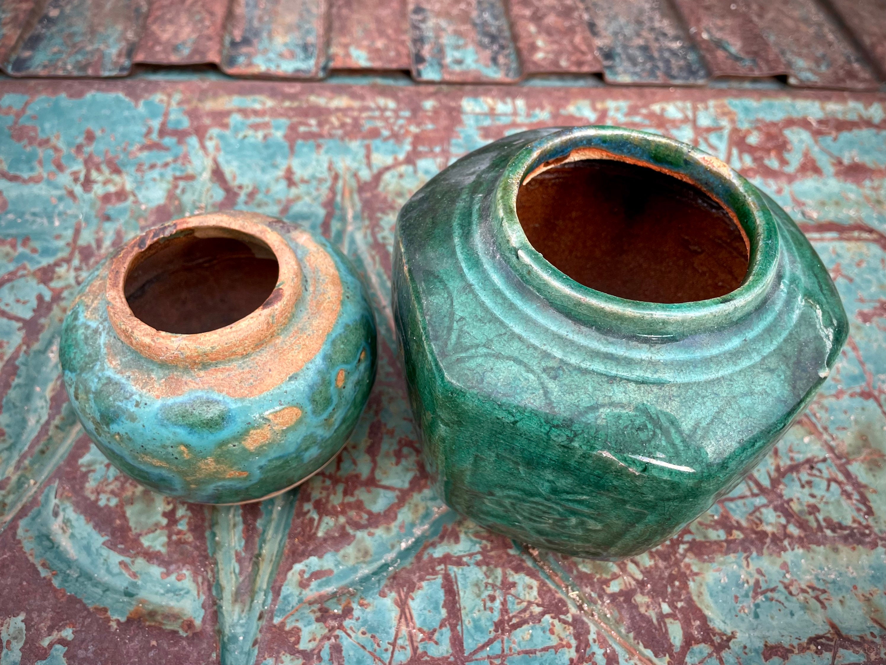 Pair of Vintage Chinese Shiwan Pottery Green Glazed Ginger Jars Celadon ...