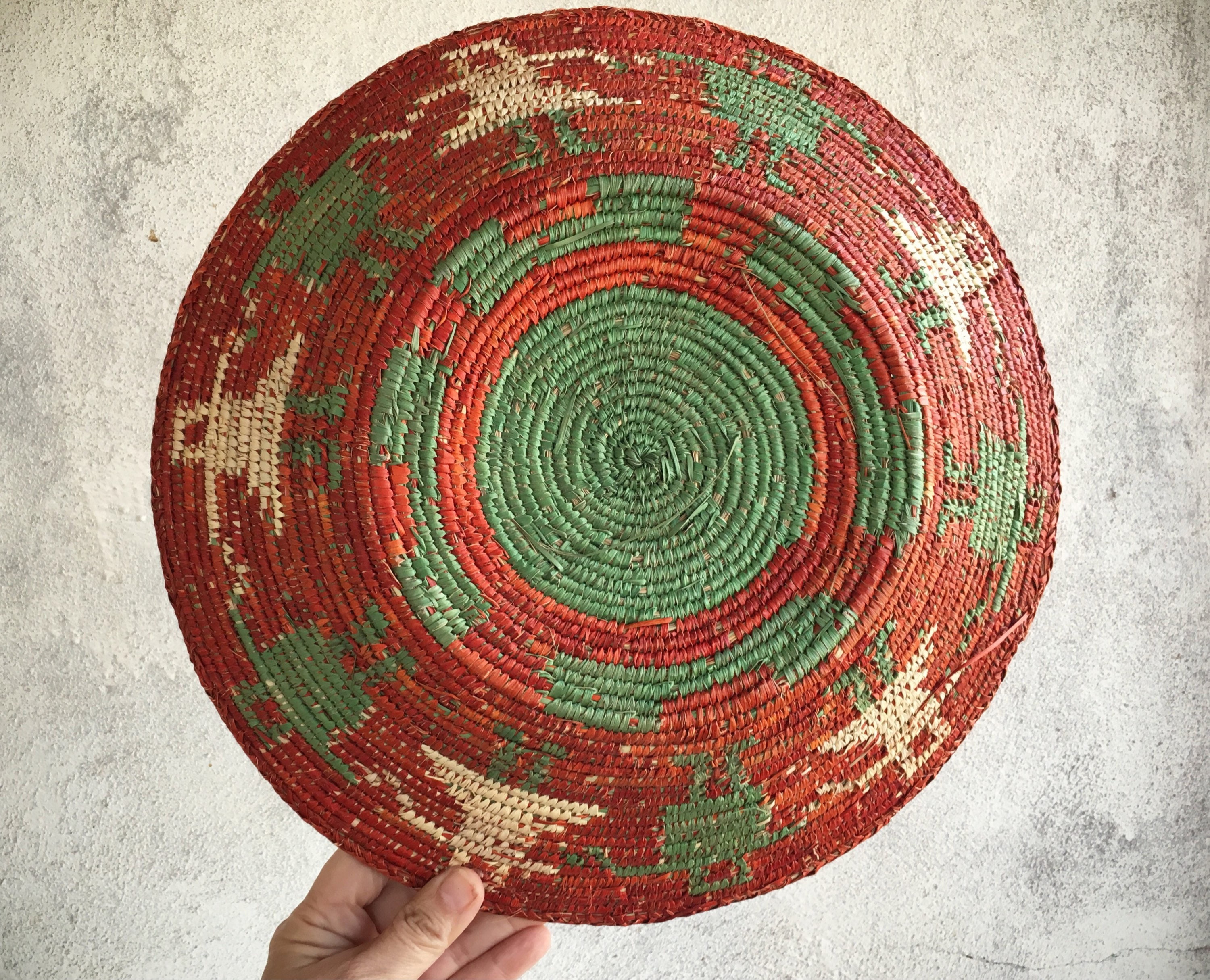 Shallow Woven Basket Rust and Green Bohemian Decor, Southwestern Decor ...