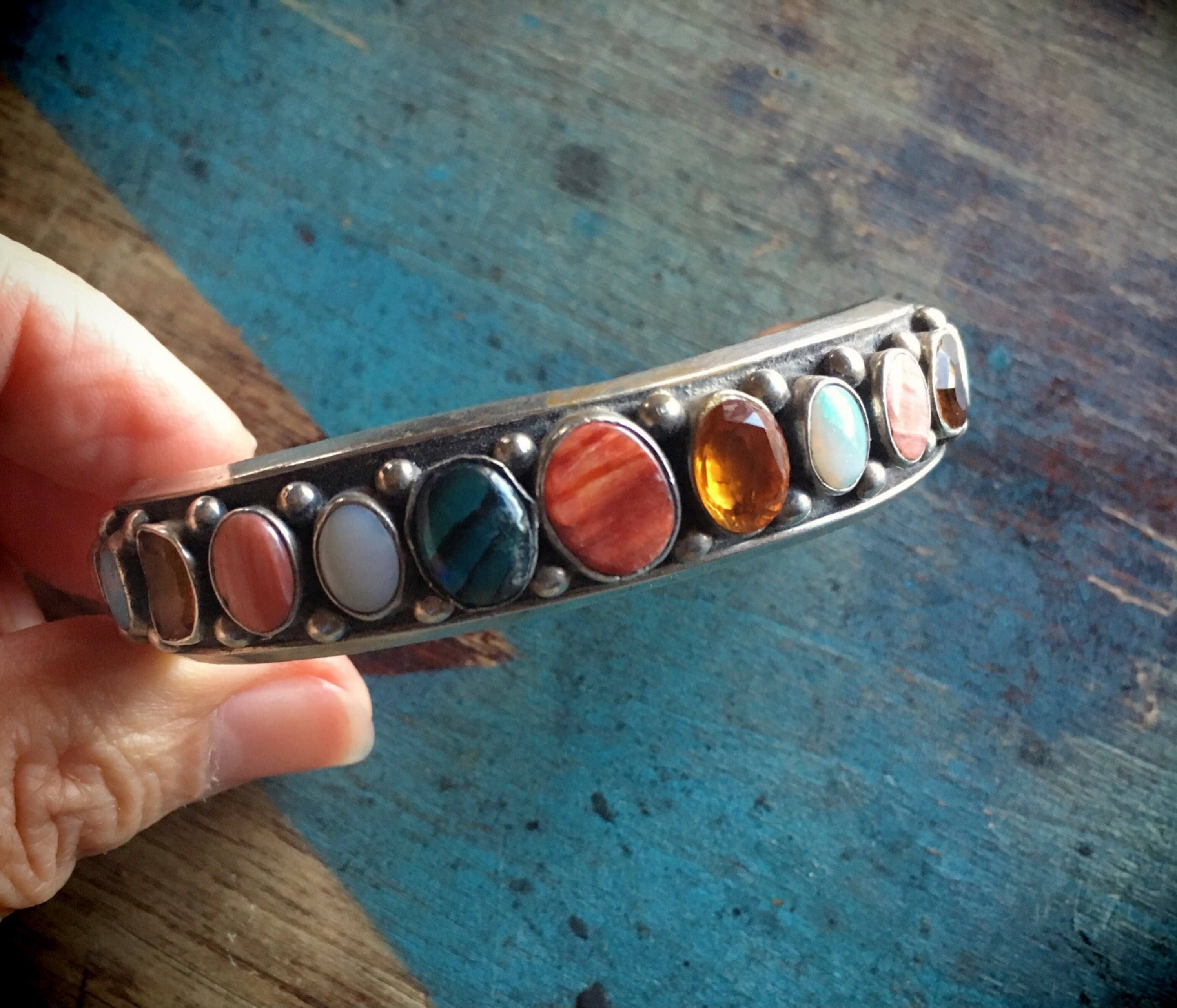 Multi Color Multi Stone Sterling Silver Cuff Bracelet, Old Pawn Native ...
