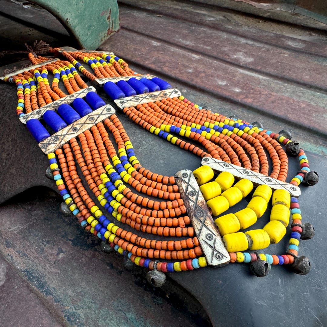 Old Konyak Naga Shield Bib Necklace Multi Color Glass Trade Beads ...