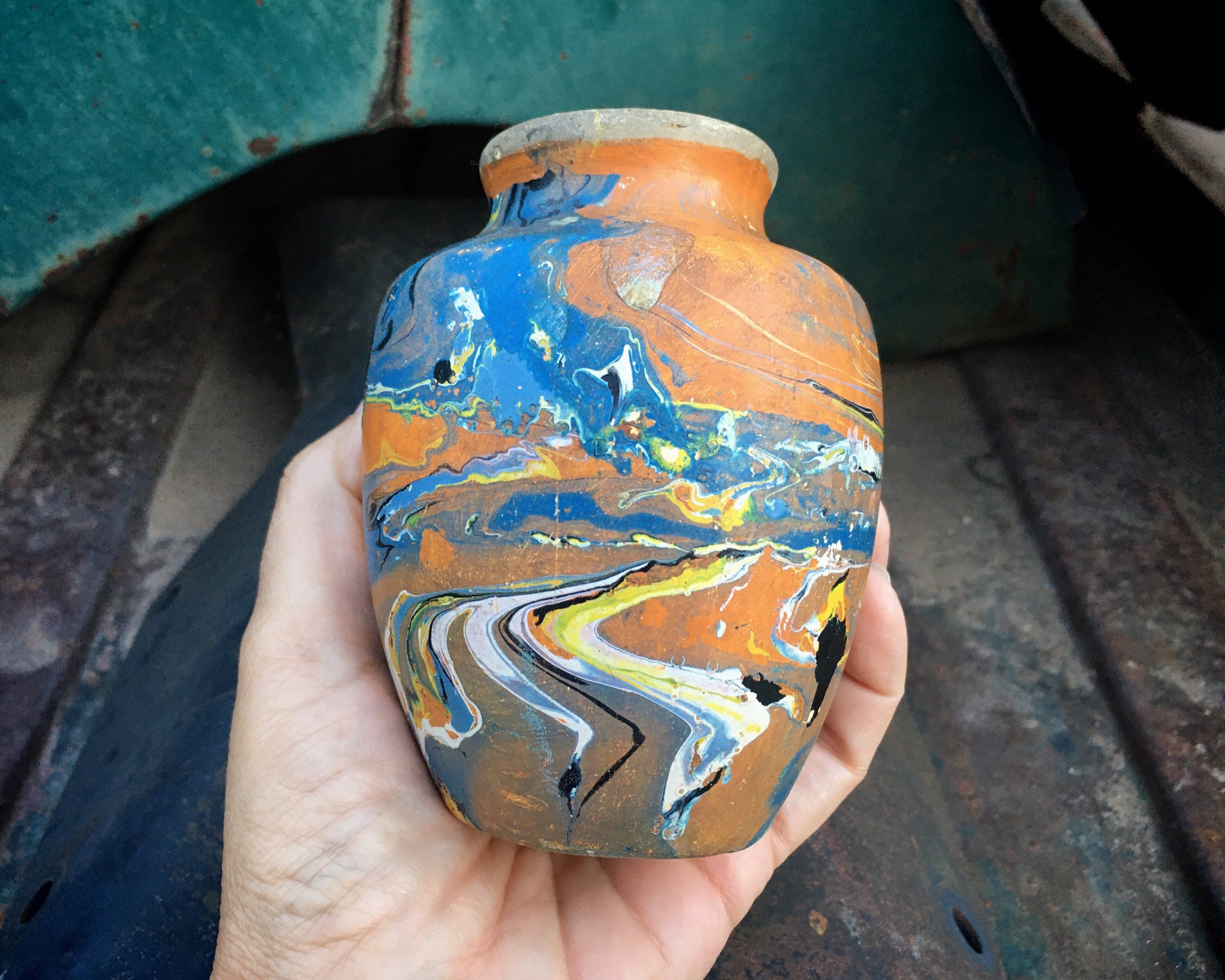 Small Vintage Swirled Clay Pottery Vase in Blue Orange Multi Colors ...