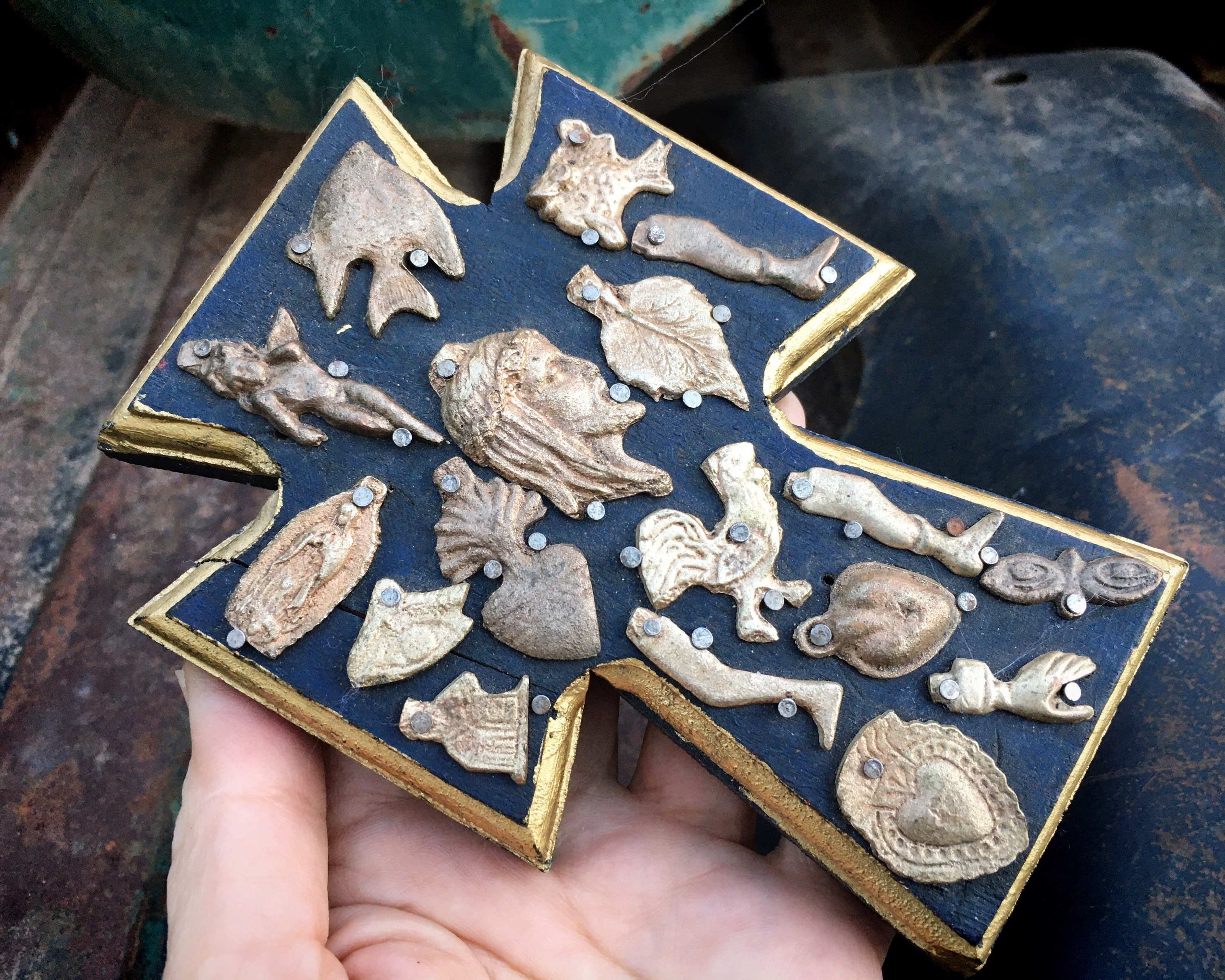 Small Mexican Milagro Wall Cross with Milagros Amulets, Lucky Charm ...