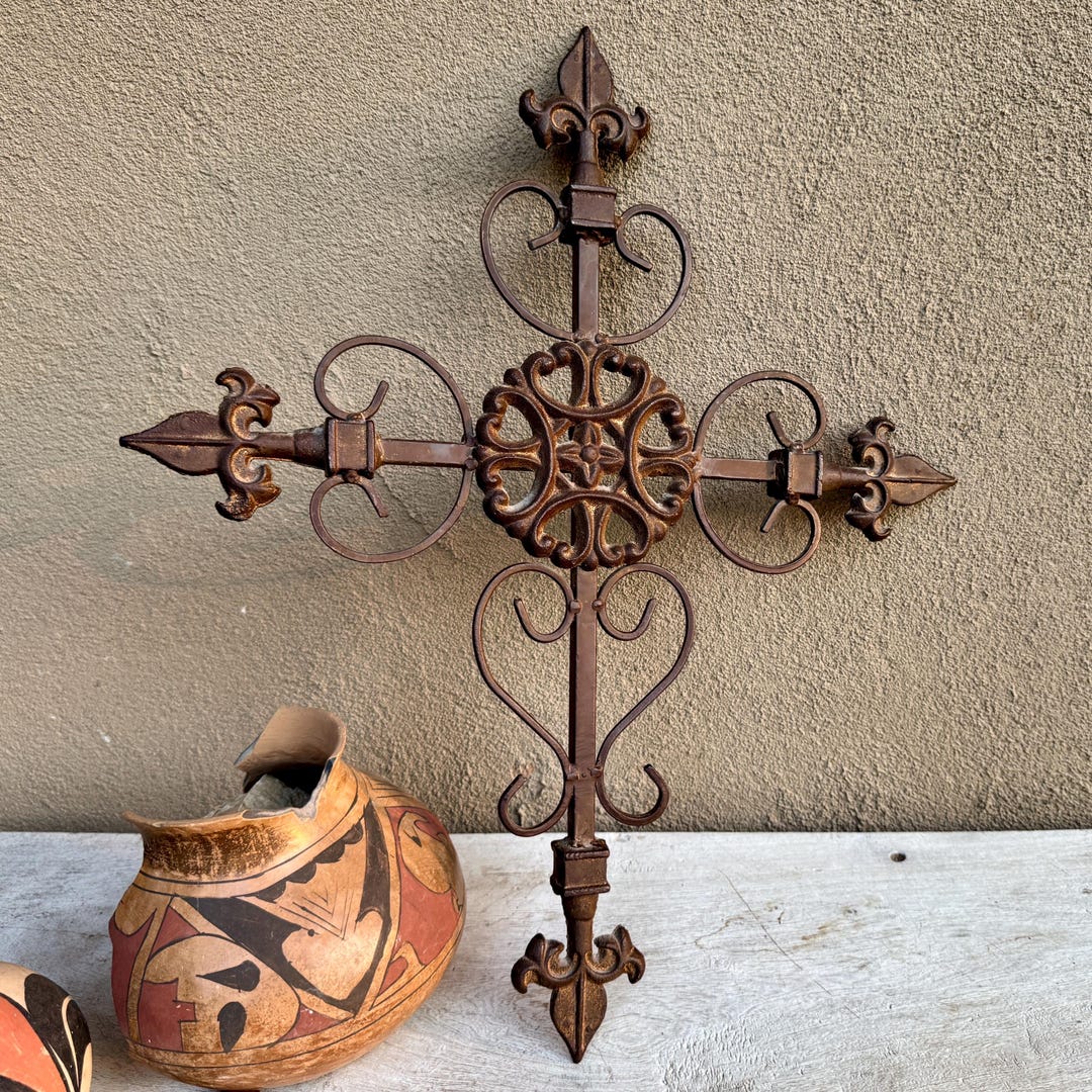 Vintage Large Metal Cross Wall Hanging Fleur De Lis Approx 19" X 22.5 ...