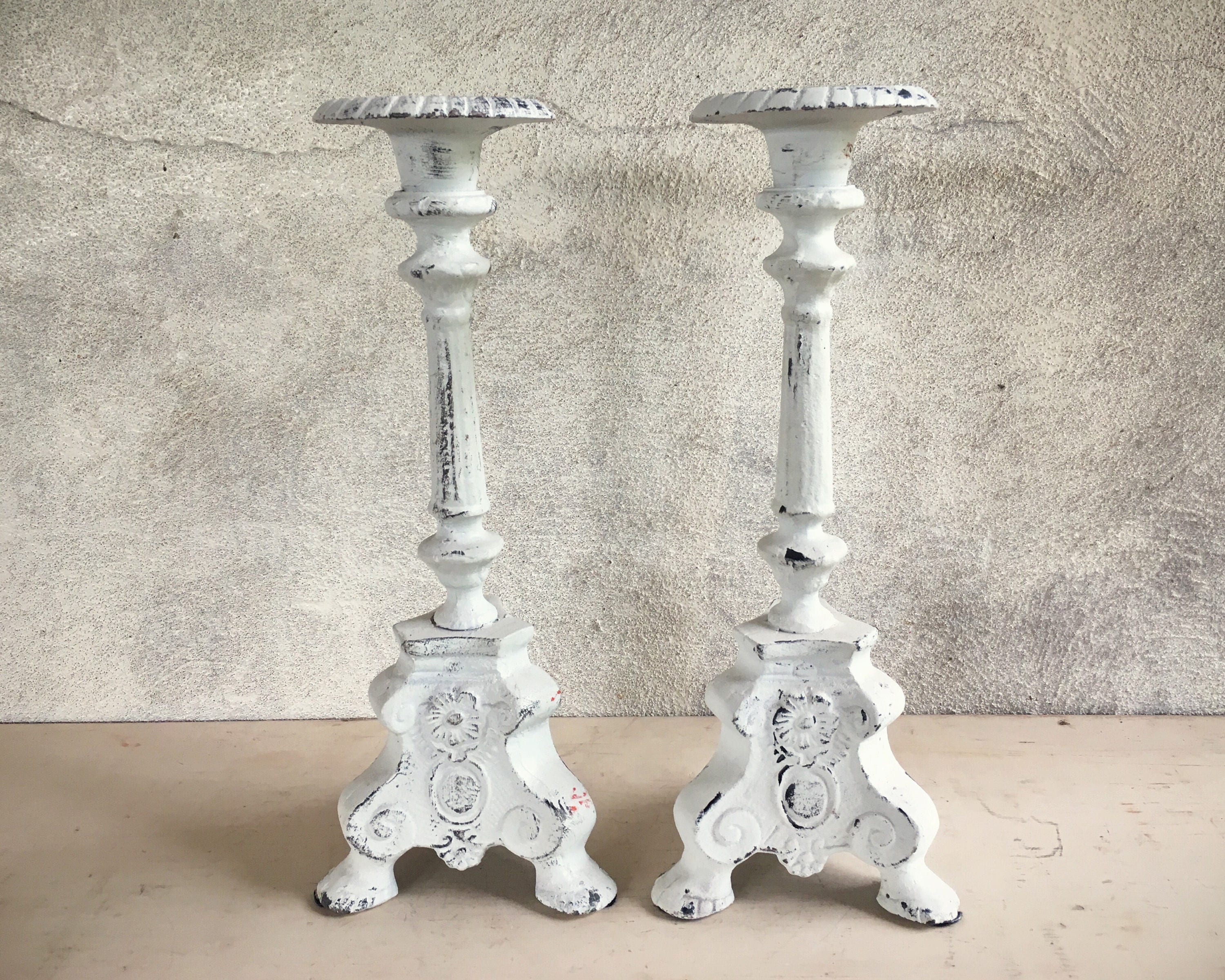 Pair vintage 13 whitewash cast iron candle stick holders, centerpiece ...