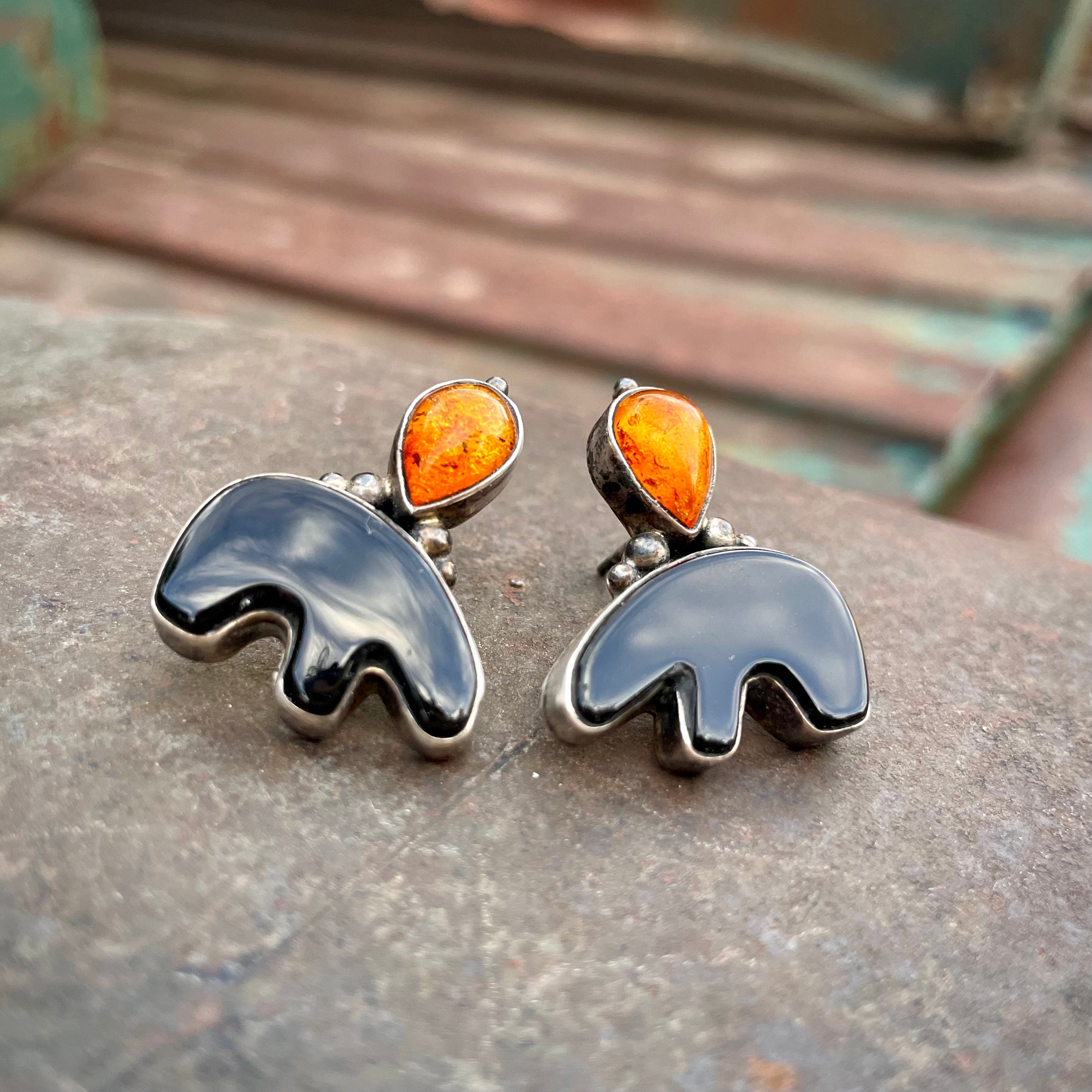 Vintage Black Onyx Bear Earrings w/ Bezel-Set Amber, 925 Sterling ...