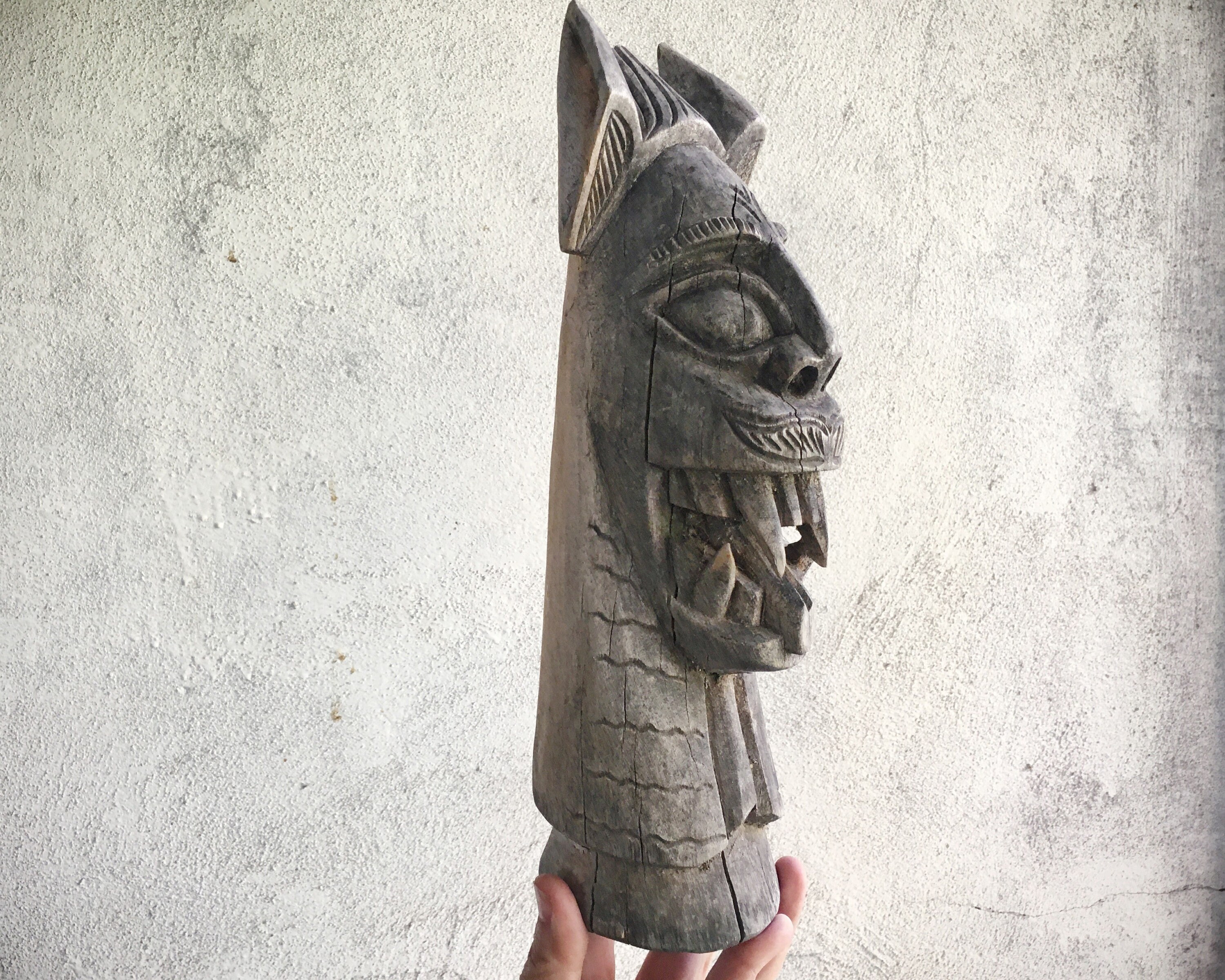 Three Distressed Hand Carved Gargoyle Outdoor Sculptures, Ethnic Folk ...