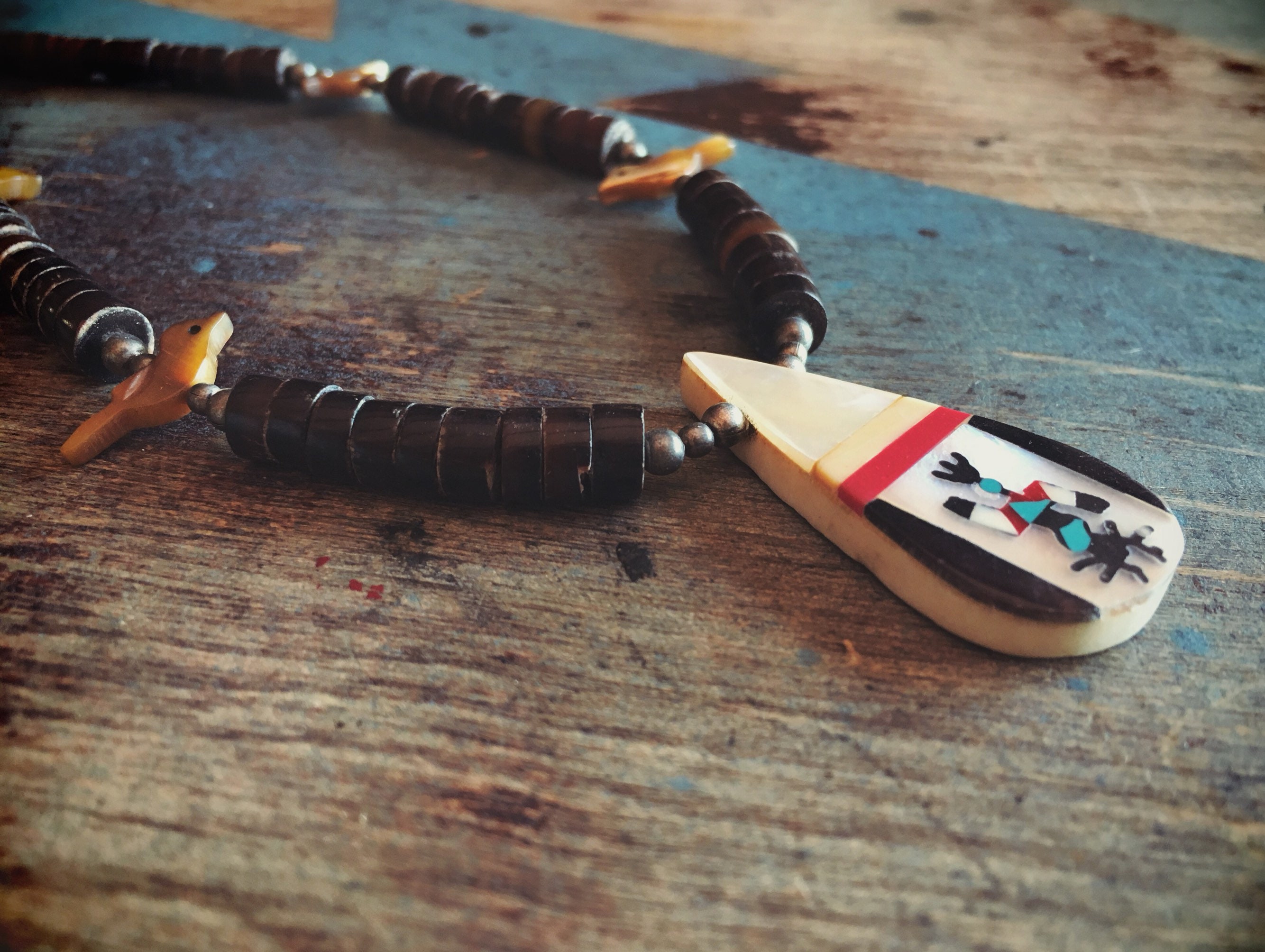 1970s Channel Inlay Pendant Shell Heishi Choker with Bird Fetishes ...