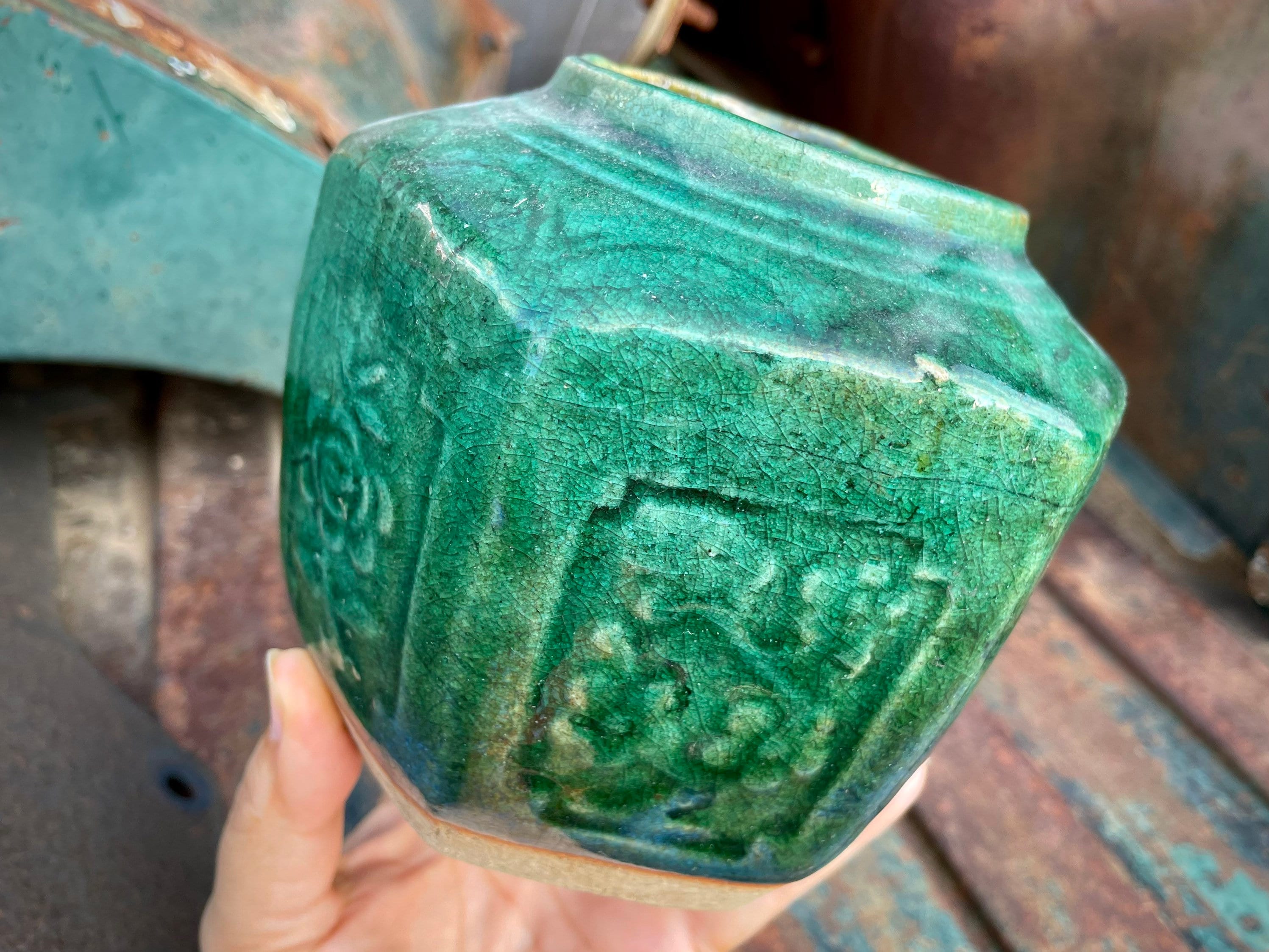 Pair of Vintage Chinese Shiwan Pottery Green Glazed Ginger Jars Celadon ...