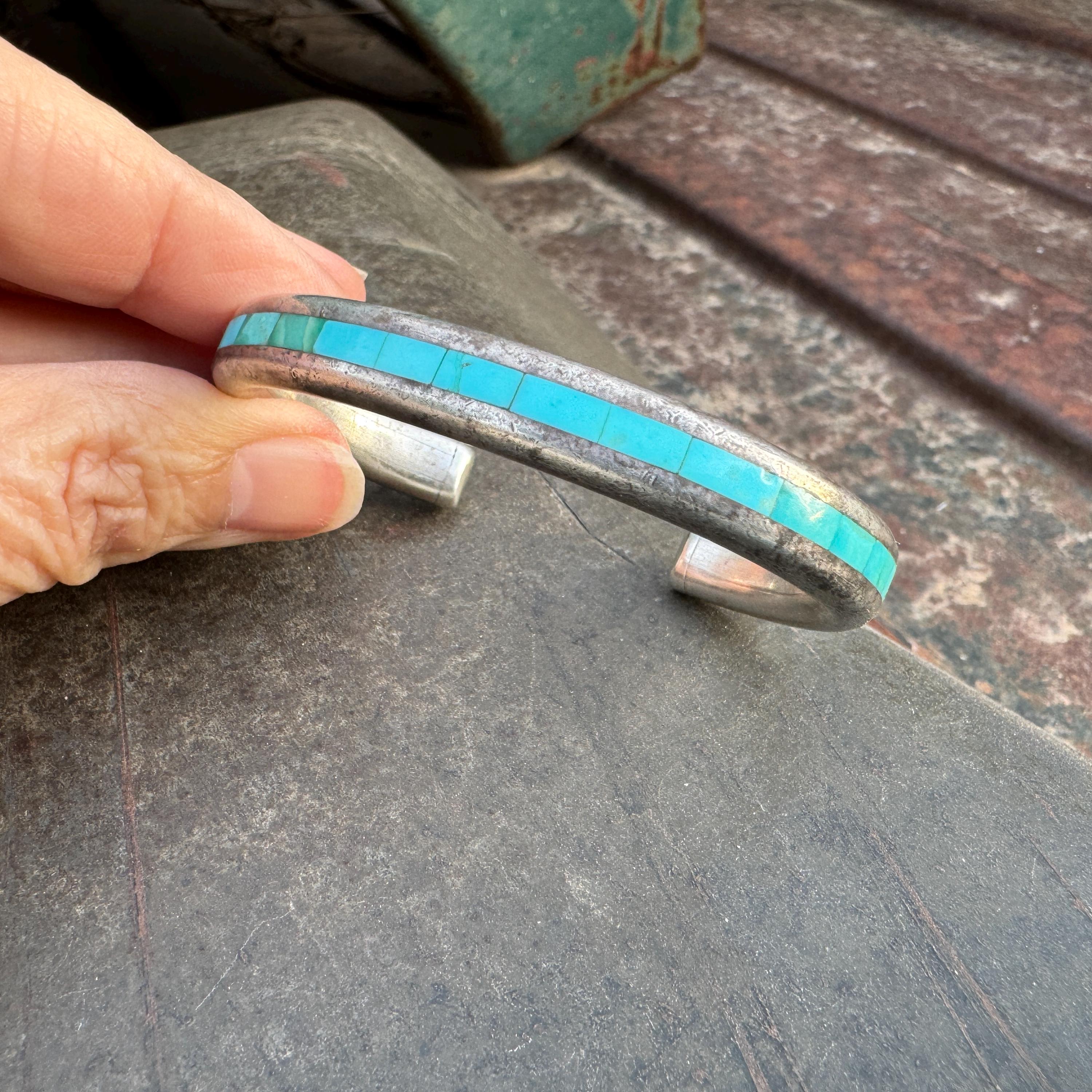 Heavy Vintage Turquoise Flush Inlay Narrow Cuff Bracelet Approx Size 6 ...