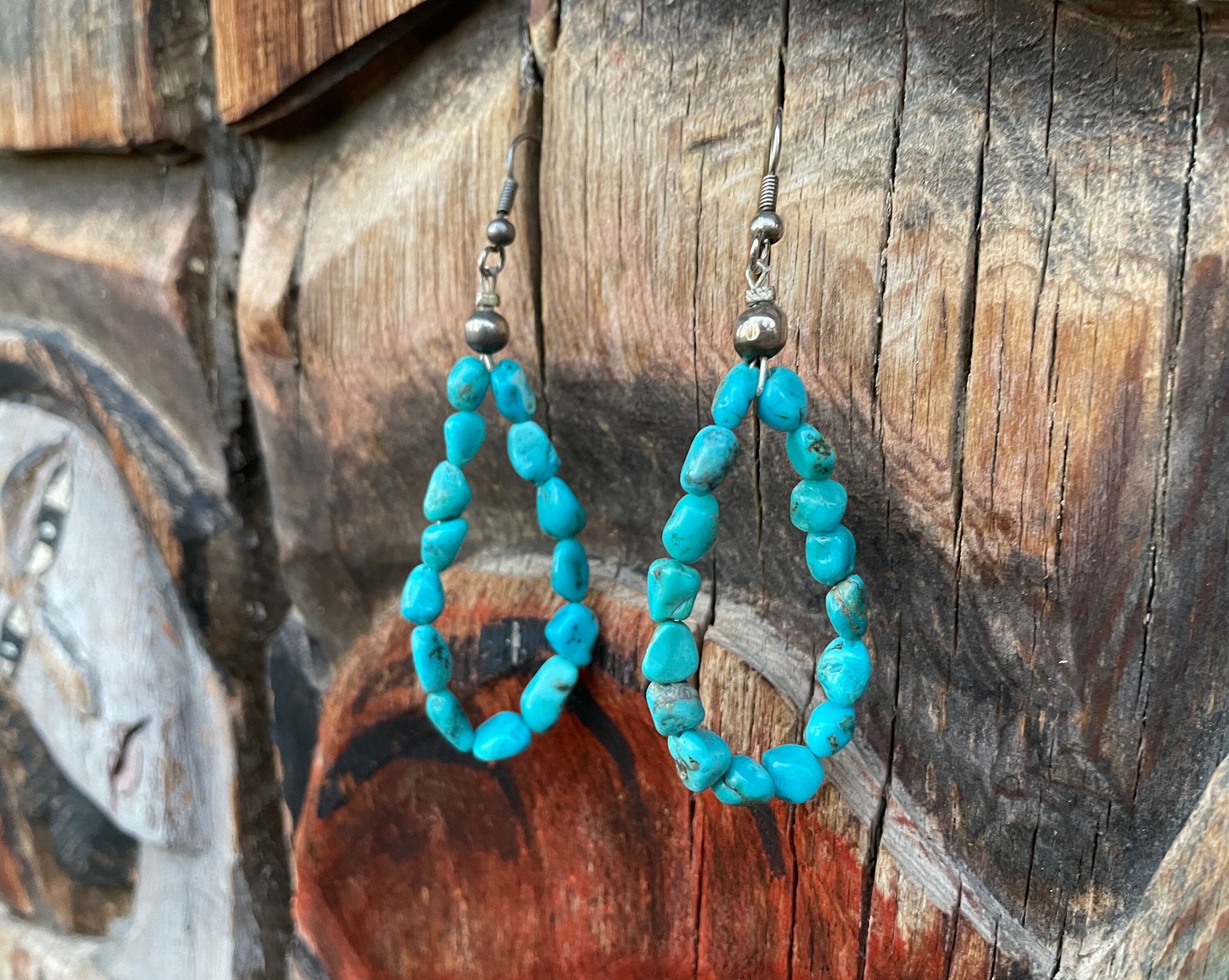 2 Turquoise Nugget Hoop Earrings for Women, Native American Indian ...