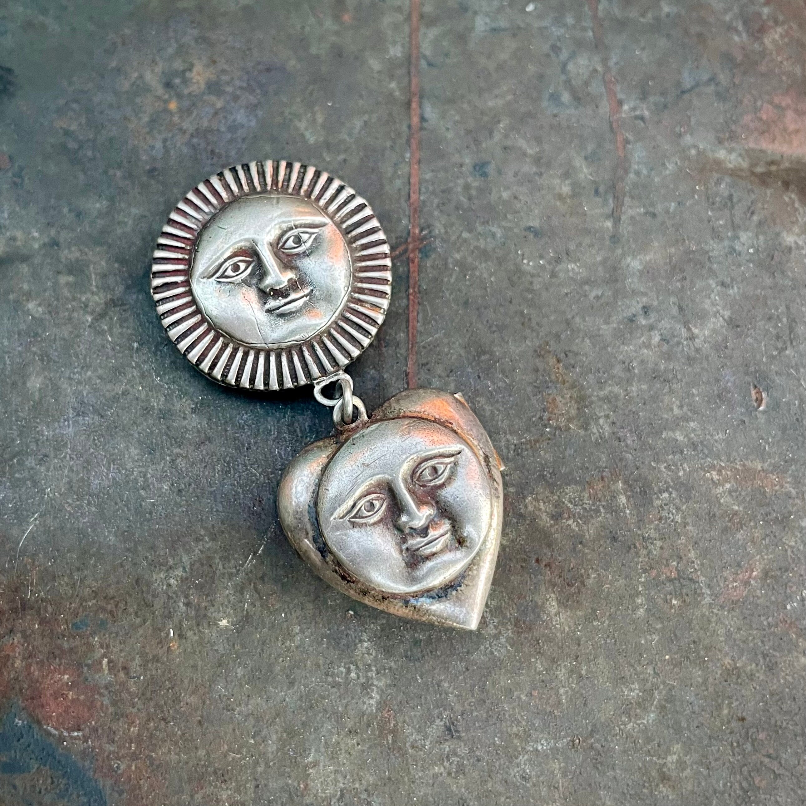 Vintage Sterling Silver Sun and Moon Face Brooch Pin with Dangling ...