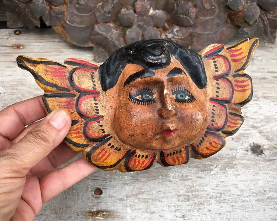 Small Carved Wood Angel with Wings Wall Hanging, Mexican Folk Art ...