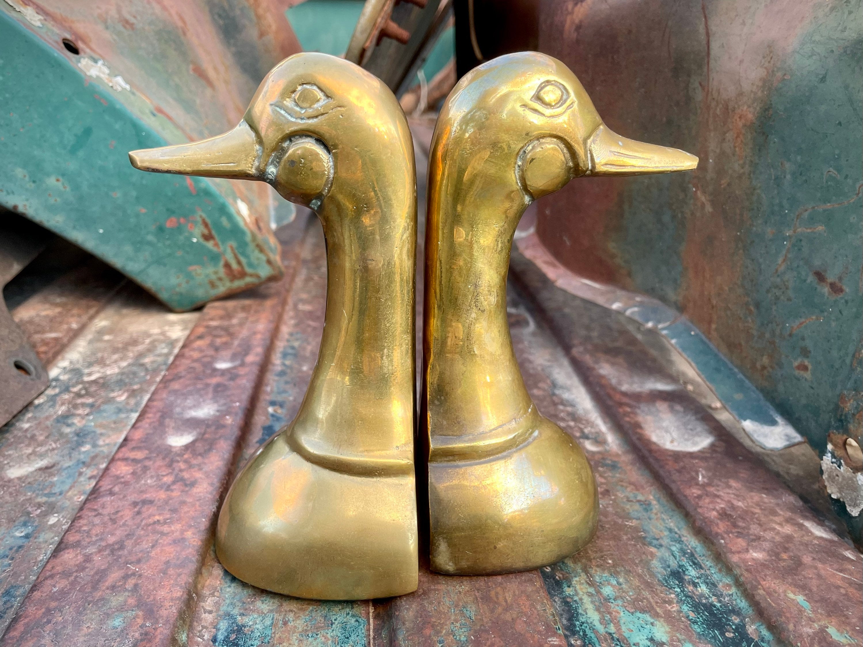 Vintage Brass Duck Head Bookends, Hollywood Regency Golden Decor ...