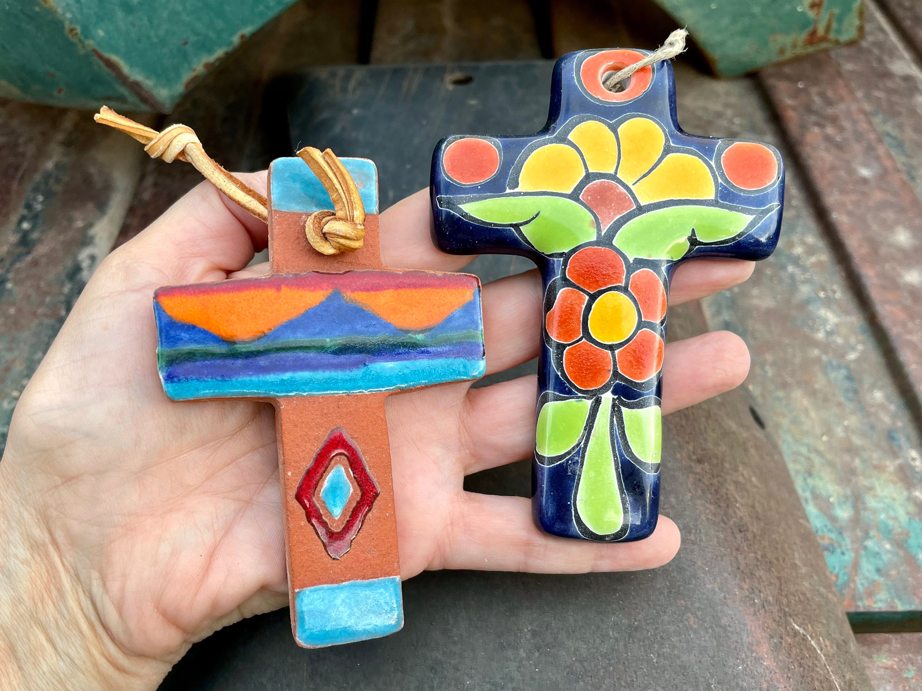 Two Vintage Small Ceramic Crosses from Mexico Wall Hangings, Folk Art ...