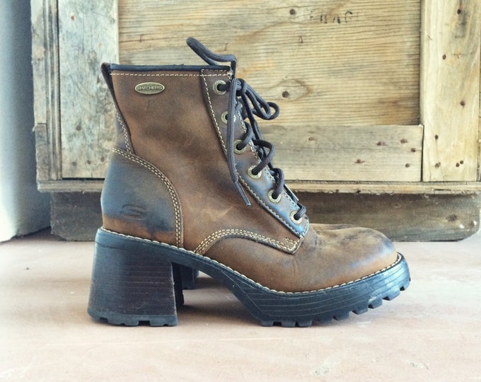 1990s Skechers Women Size 8 Short Brown Leather Platform Boots, Chunky ...