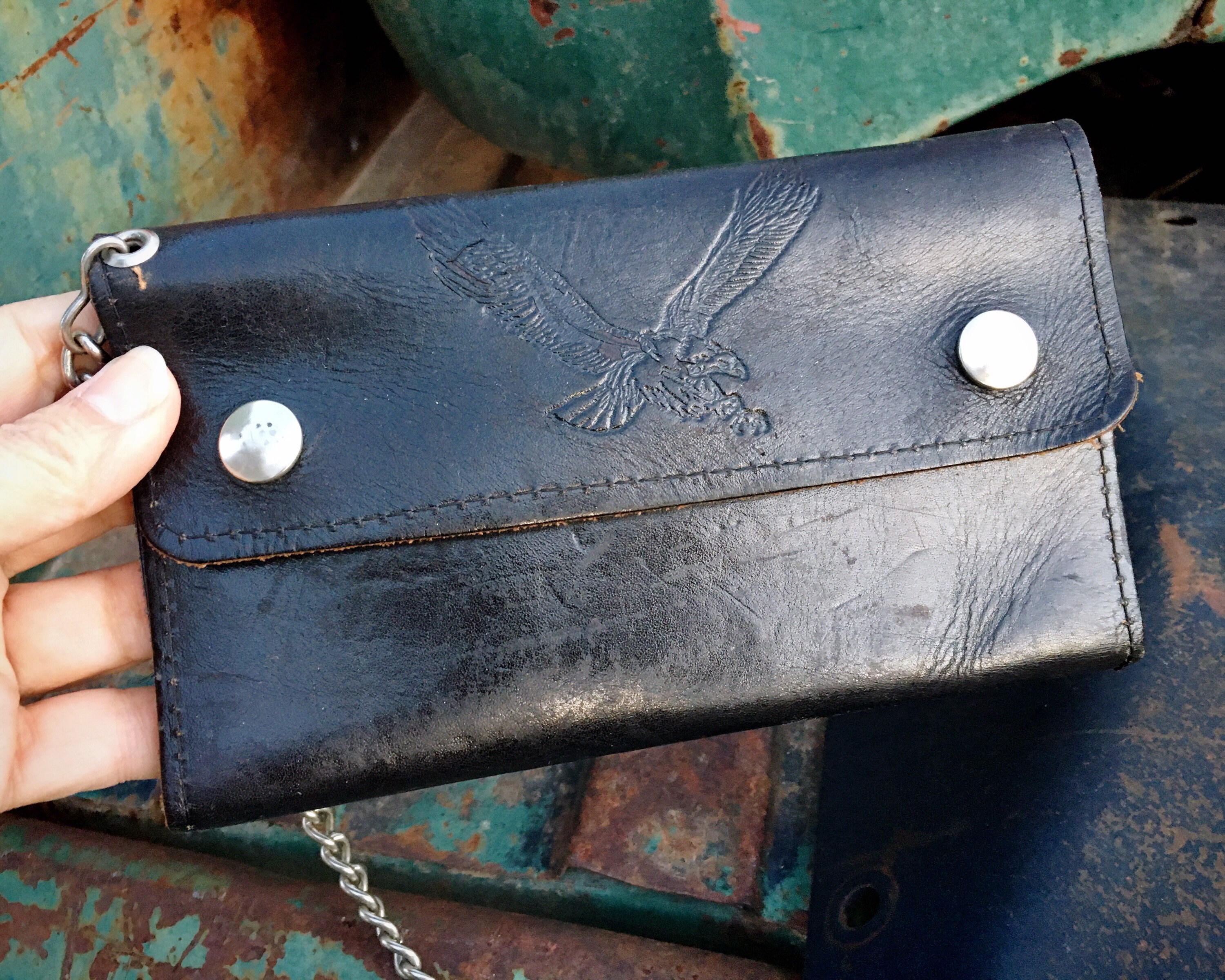 Fold Over Tri-Fold Men's Chain Wallet Black Leather Embossed Eagle Key ...