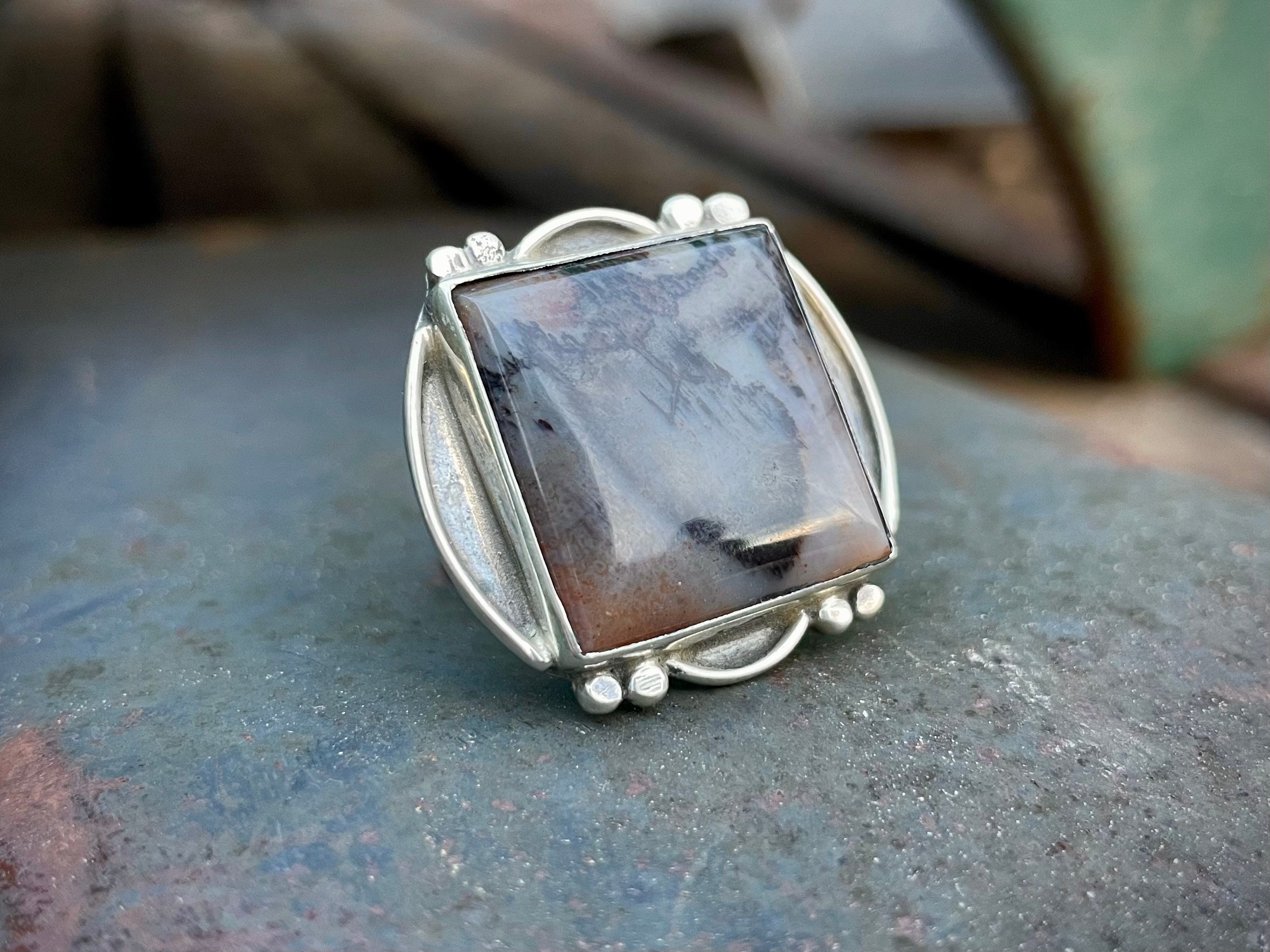 Vintage Agate Petrified Wood Ring Size 7-3/4, Square Stone, Vintage ...