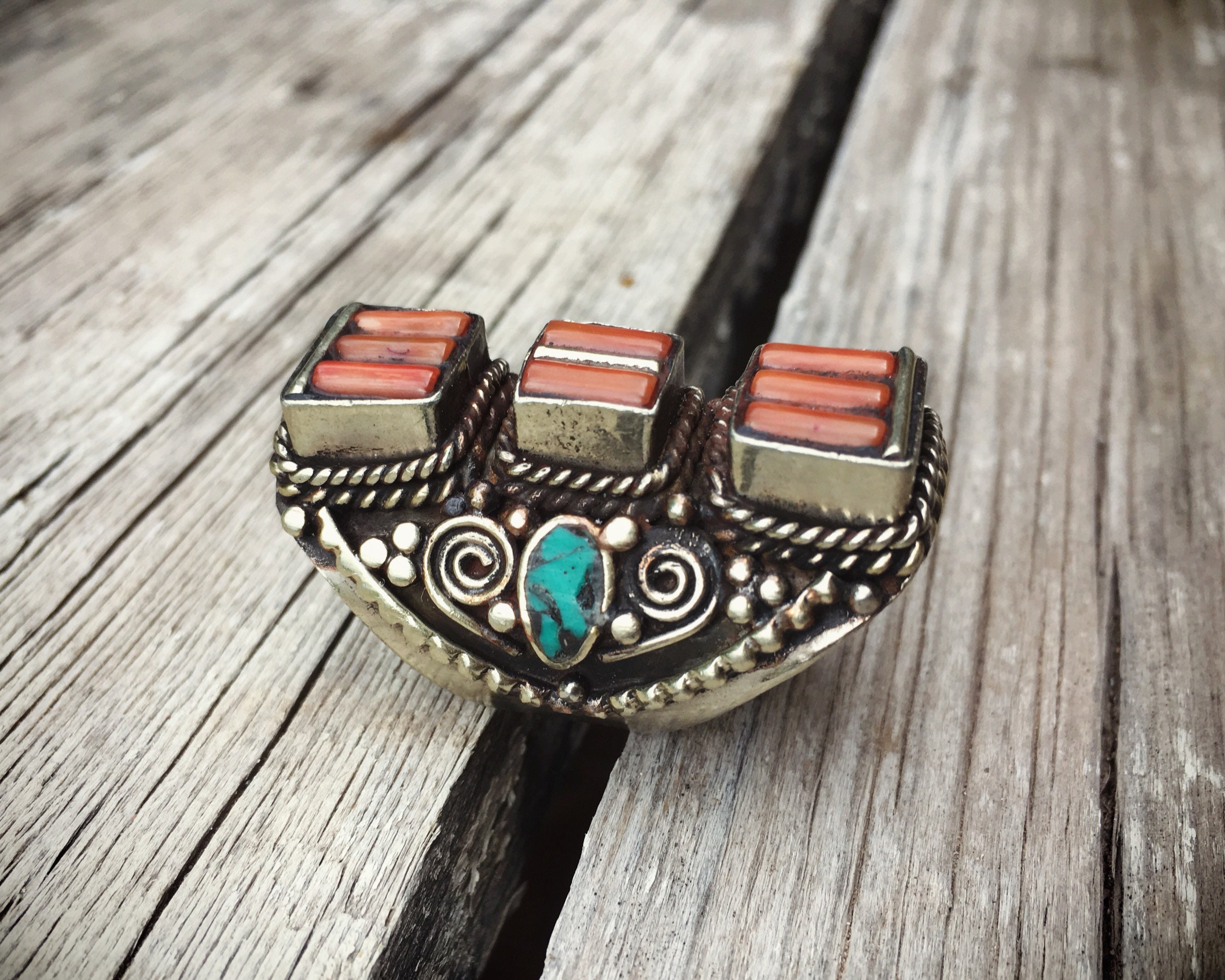 Large Vintage Tribal Ring for Women Size 7.75 Coral Turquoise German ...