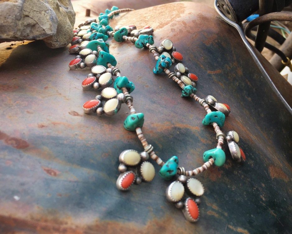 Vintage Long Native American Indian Necklace with Mother of Pearl Coral ...
