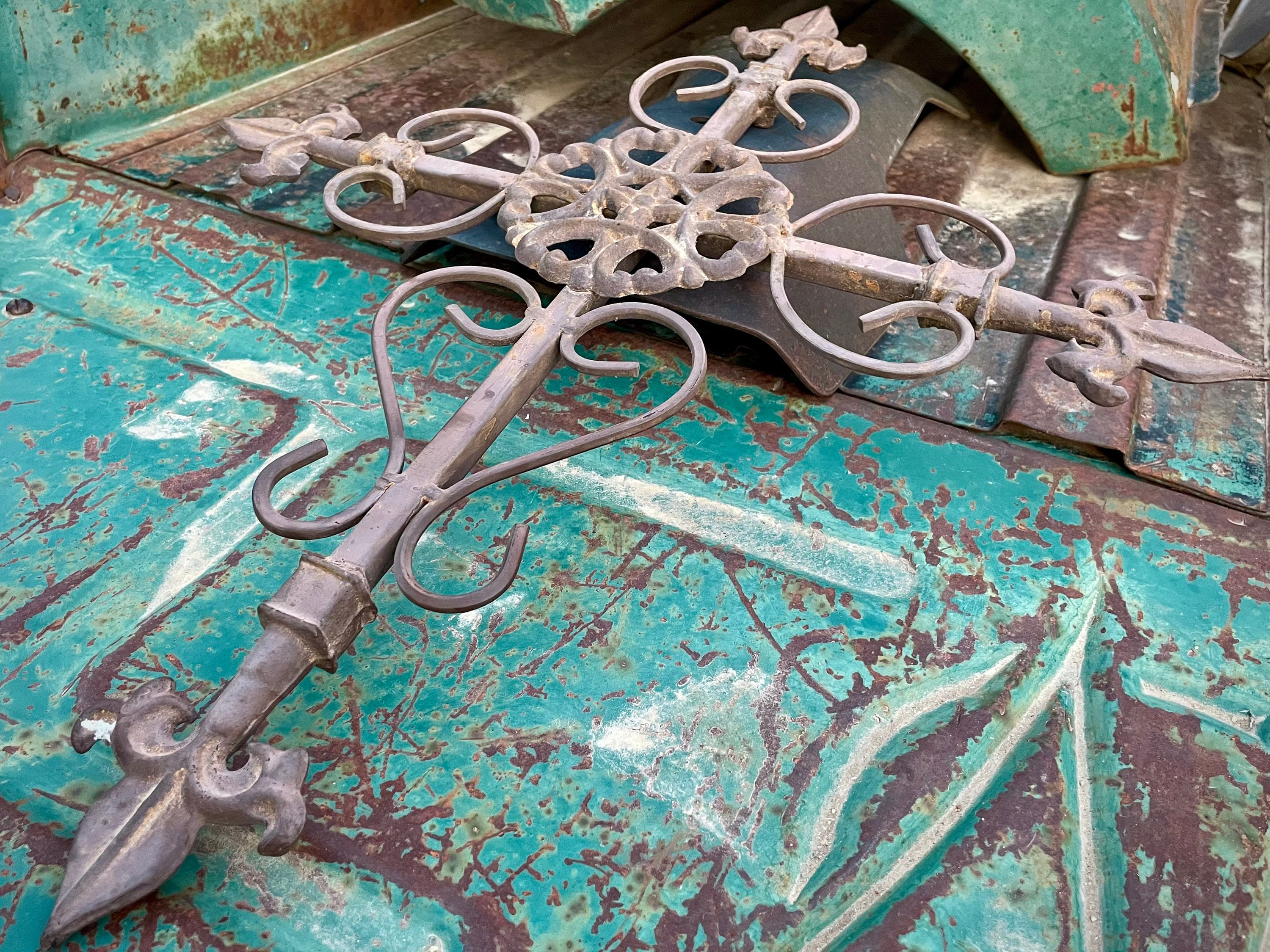 Vintage Large Rustic Metal Cross Wall Hanging Fleur de Lis, French ...