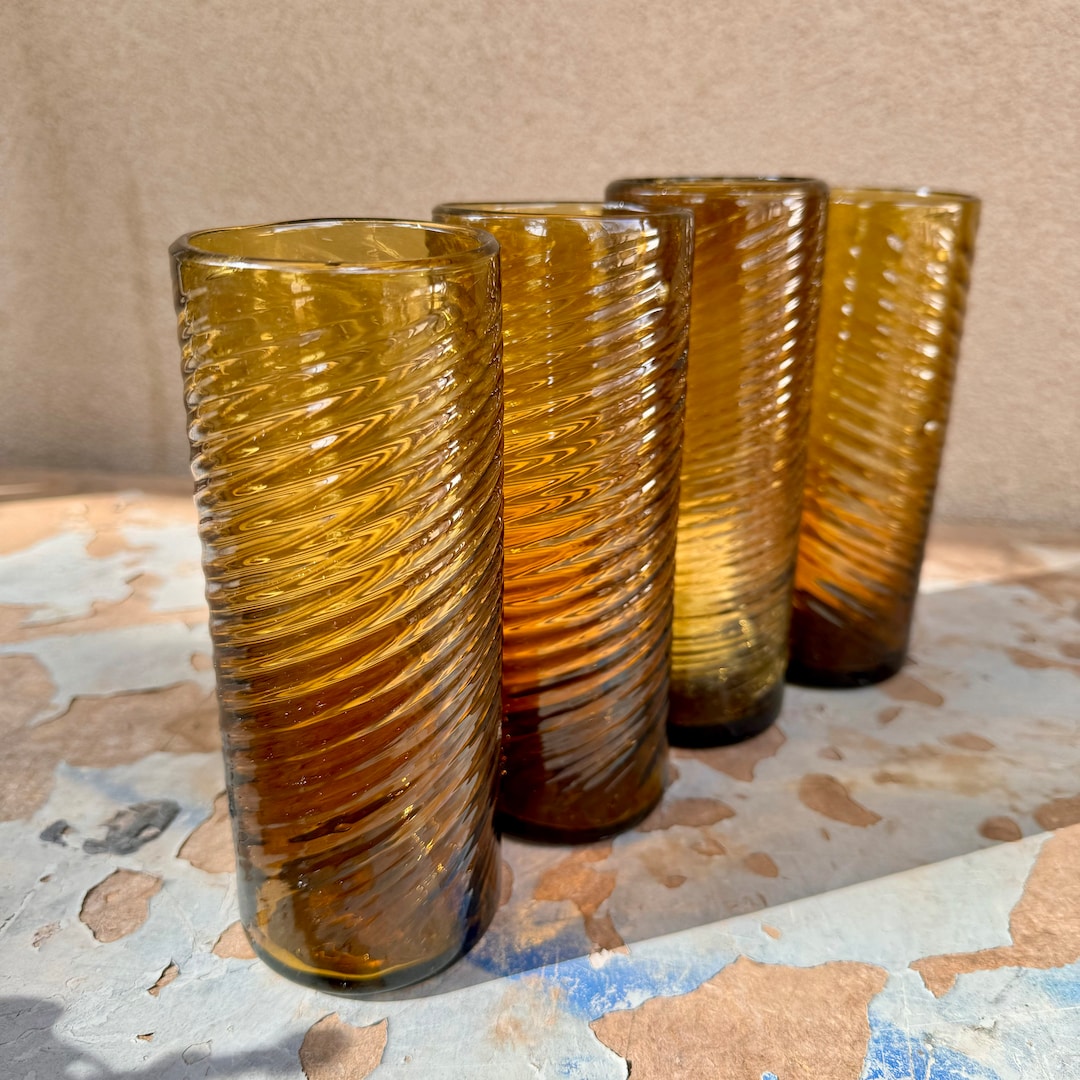 Four Vintage Amber Colored Mexican Glass Tumblers Hand Blown Swirled ...