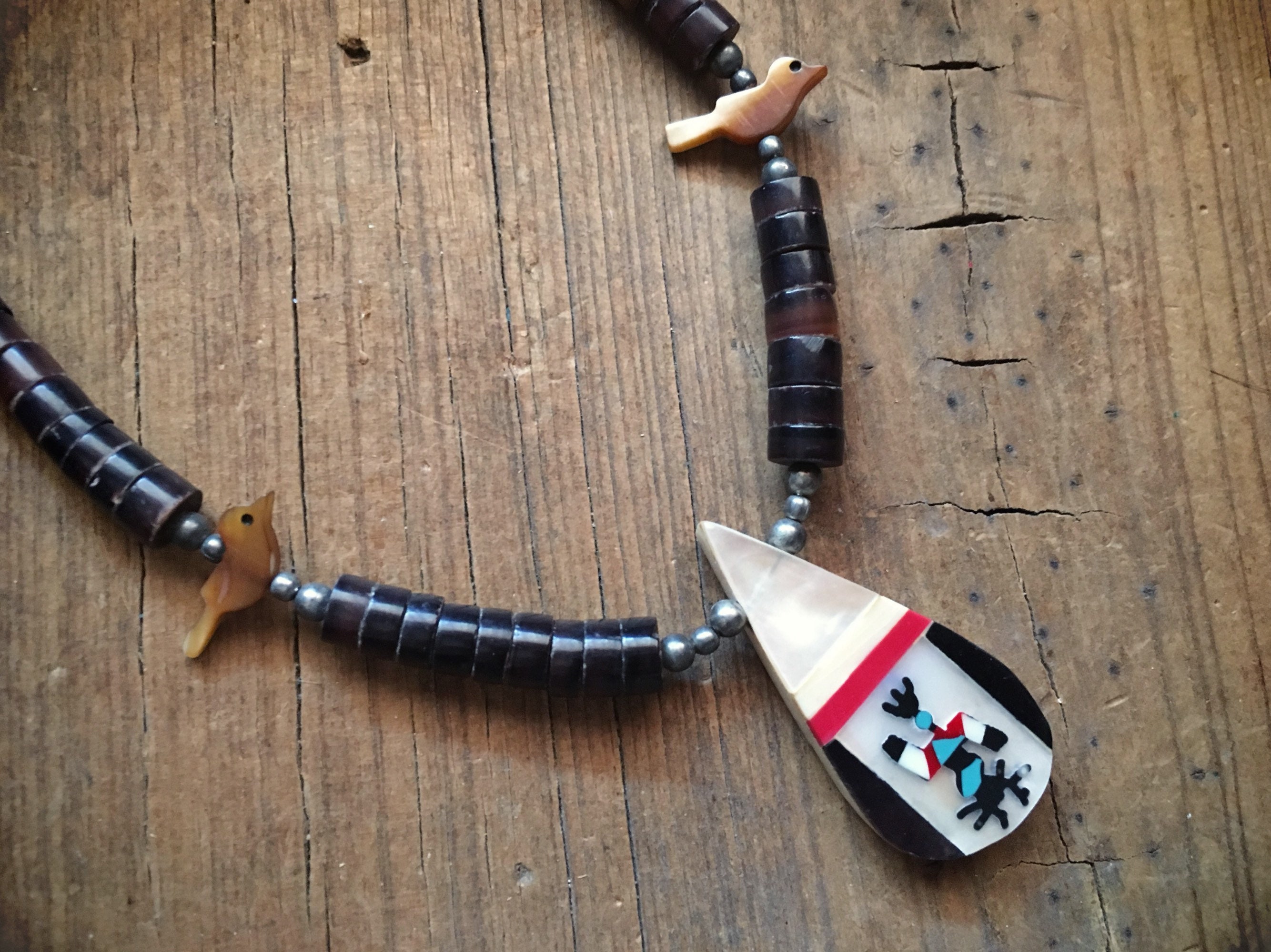 1970s Channel Inlay Pendant Shell Heishi Choker with Bird Fetishes ...