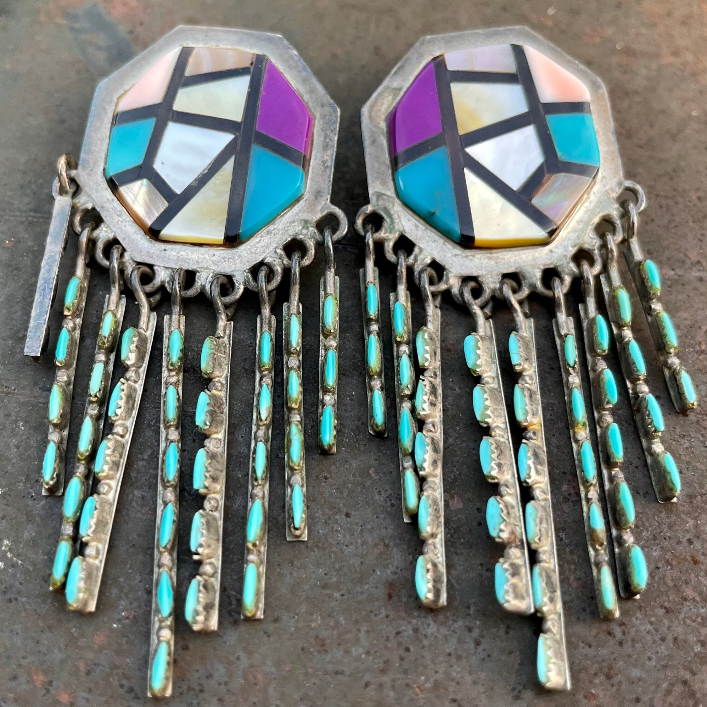 Vintage Mother of Pearl Turquoise Inlay Earrings with Needlepoint ...