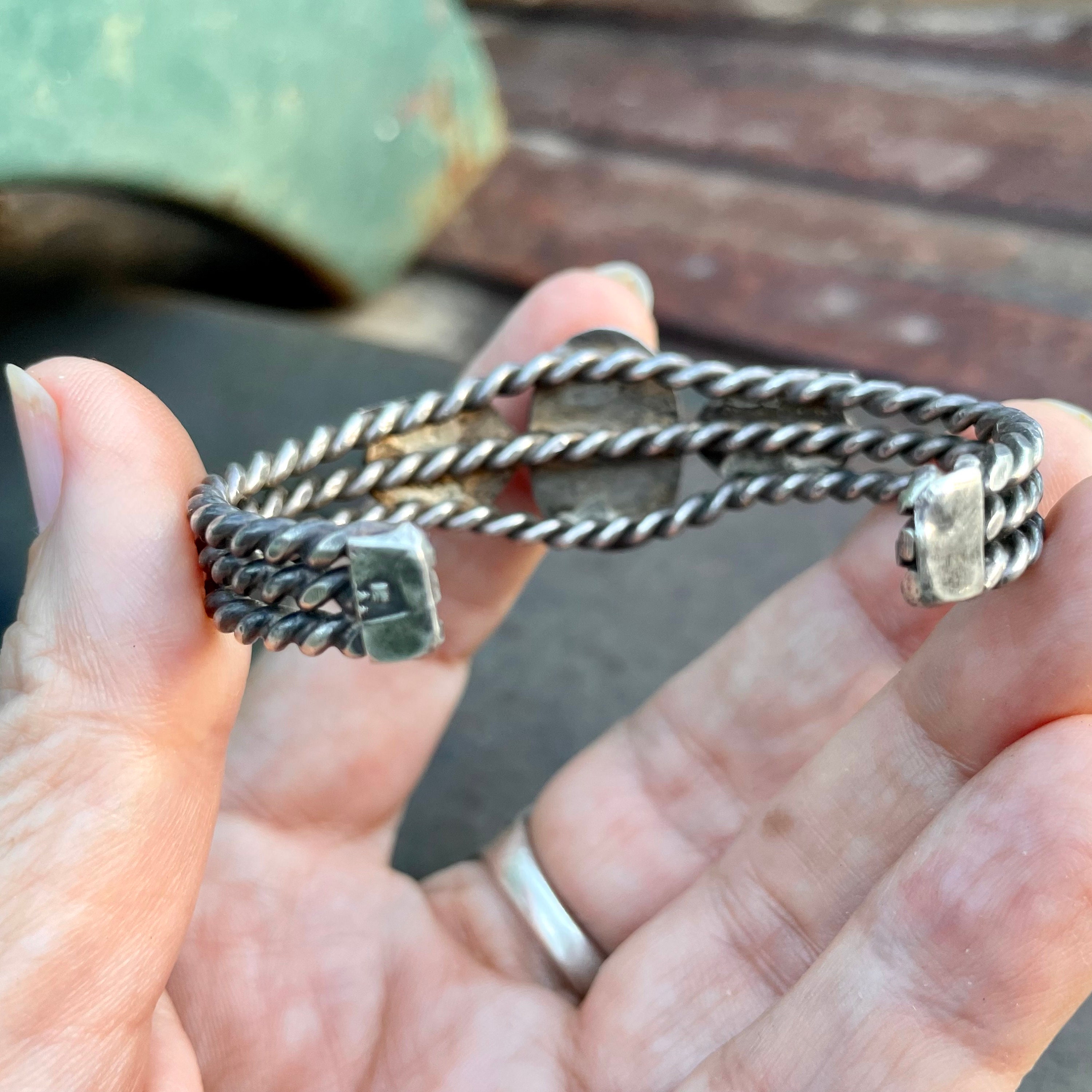 Fred Harvey Era Thunderbird Bracelet w/ Green Turquoise (Cracked), Size ...