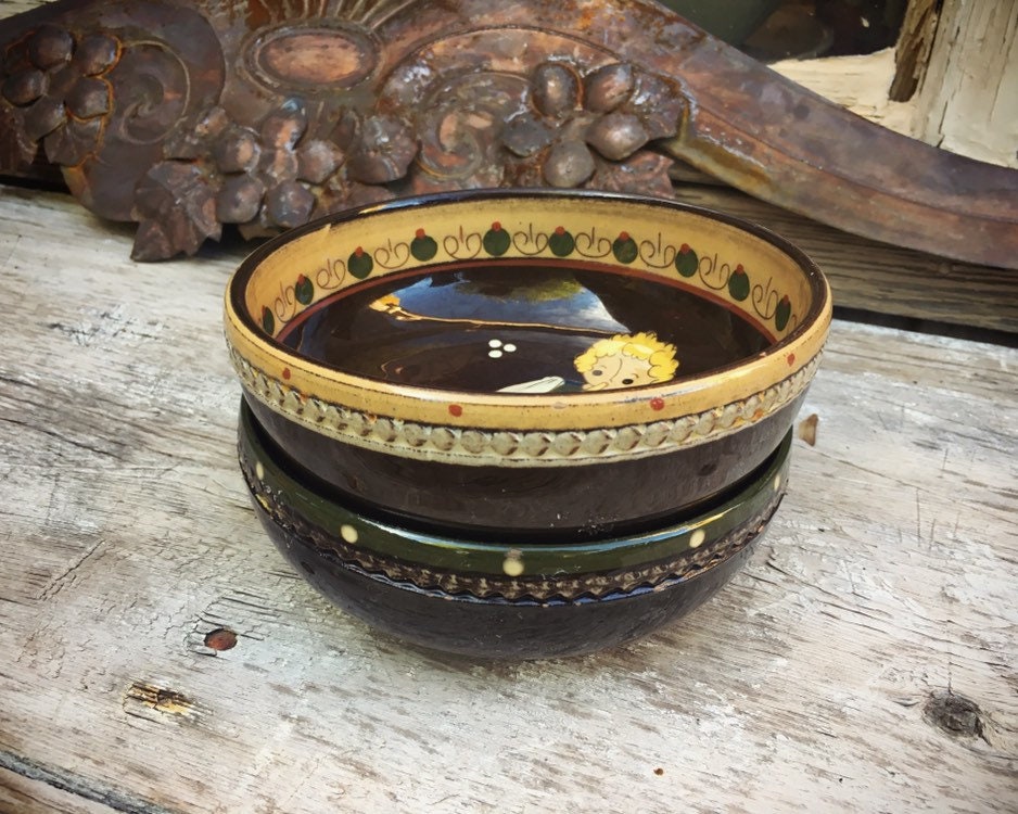 Two Vintage Kohler Biel Handarbeit Switzerland Folk Art Pottery Bowls ...