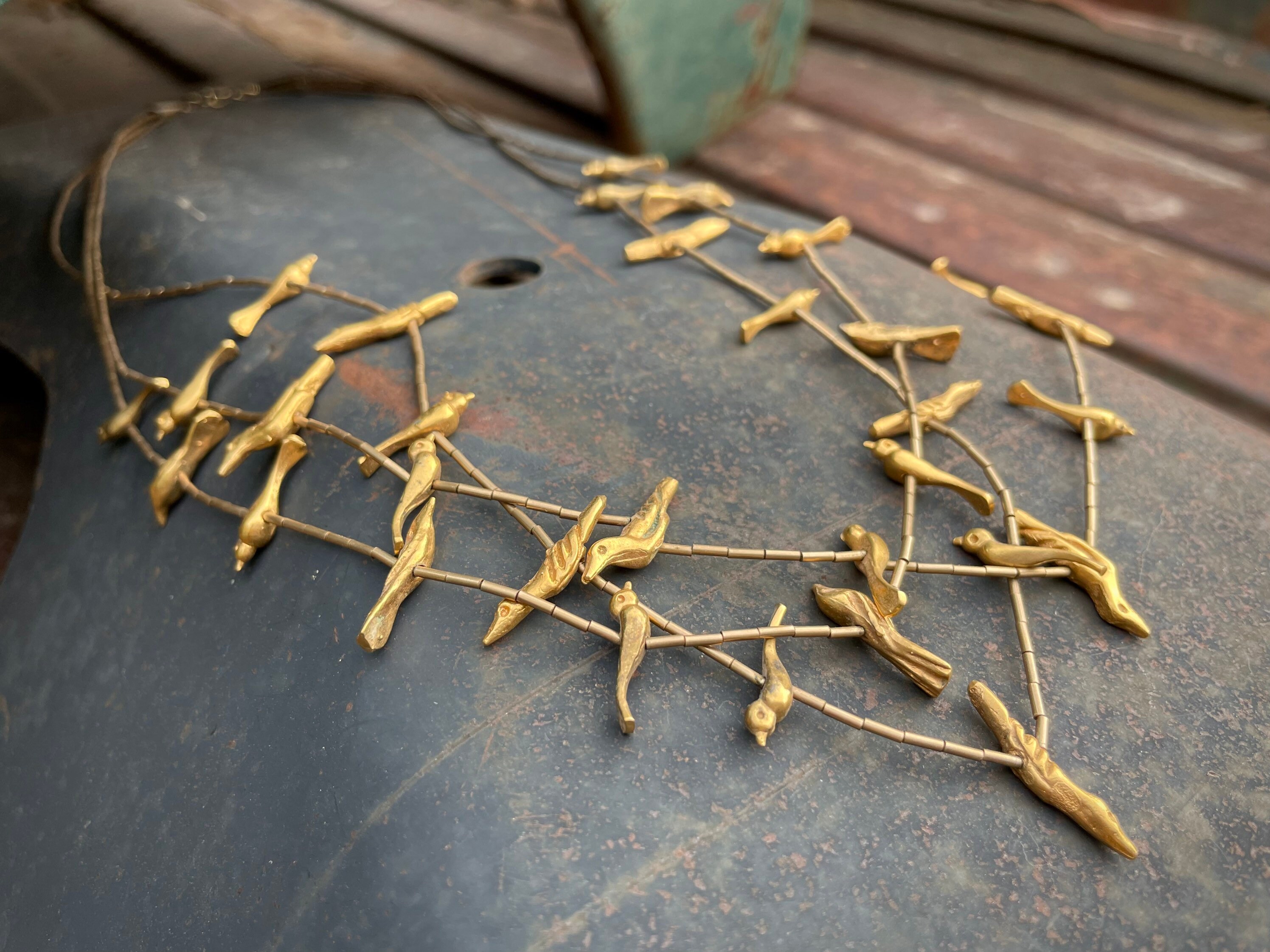 39gm Rare Gold Plated Bird Fetish and Liquid Gold Three Strand Necklace ...