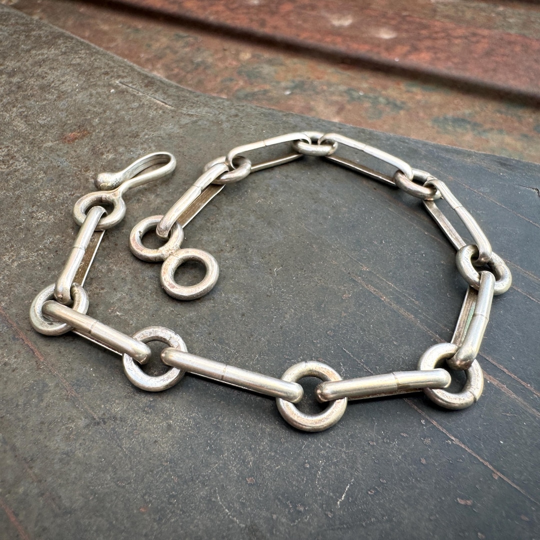 Vintage Sterling Silver Link Chain Bracelet, Long & Round Pattern ...