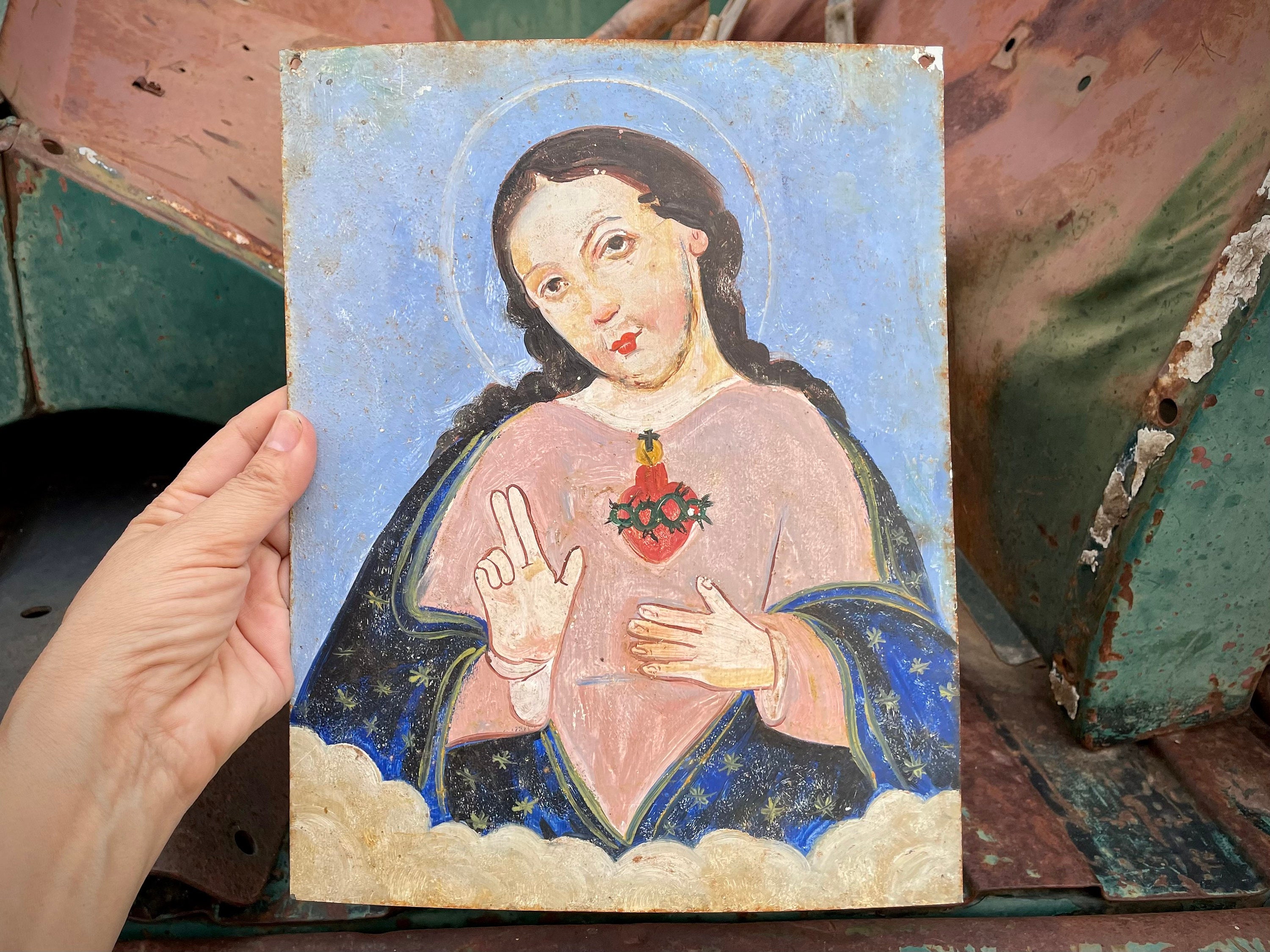 Vintage Mexican Religious Retablo Mary Immaculate Heart, Original ...