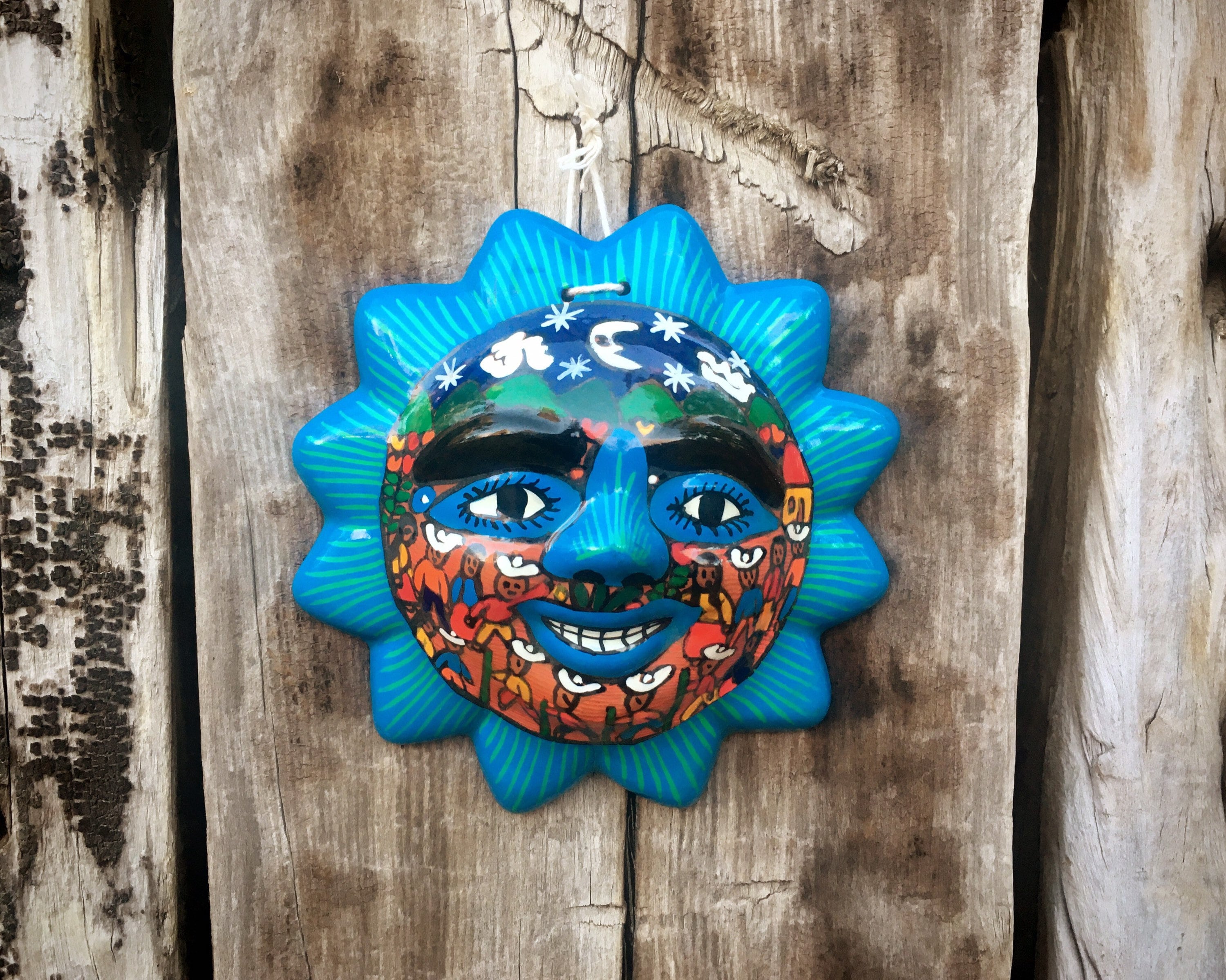 Colorful Blue Sun Face Guerrero Pottery Wall Hanging, Mexican Folk Art ...
